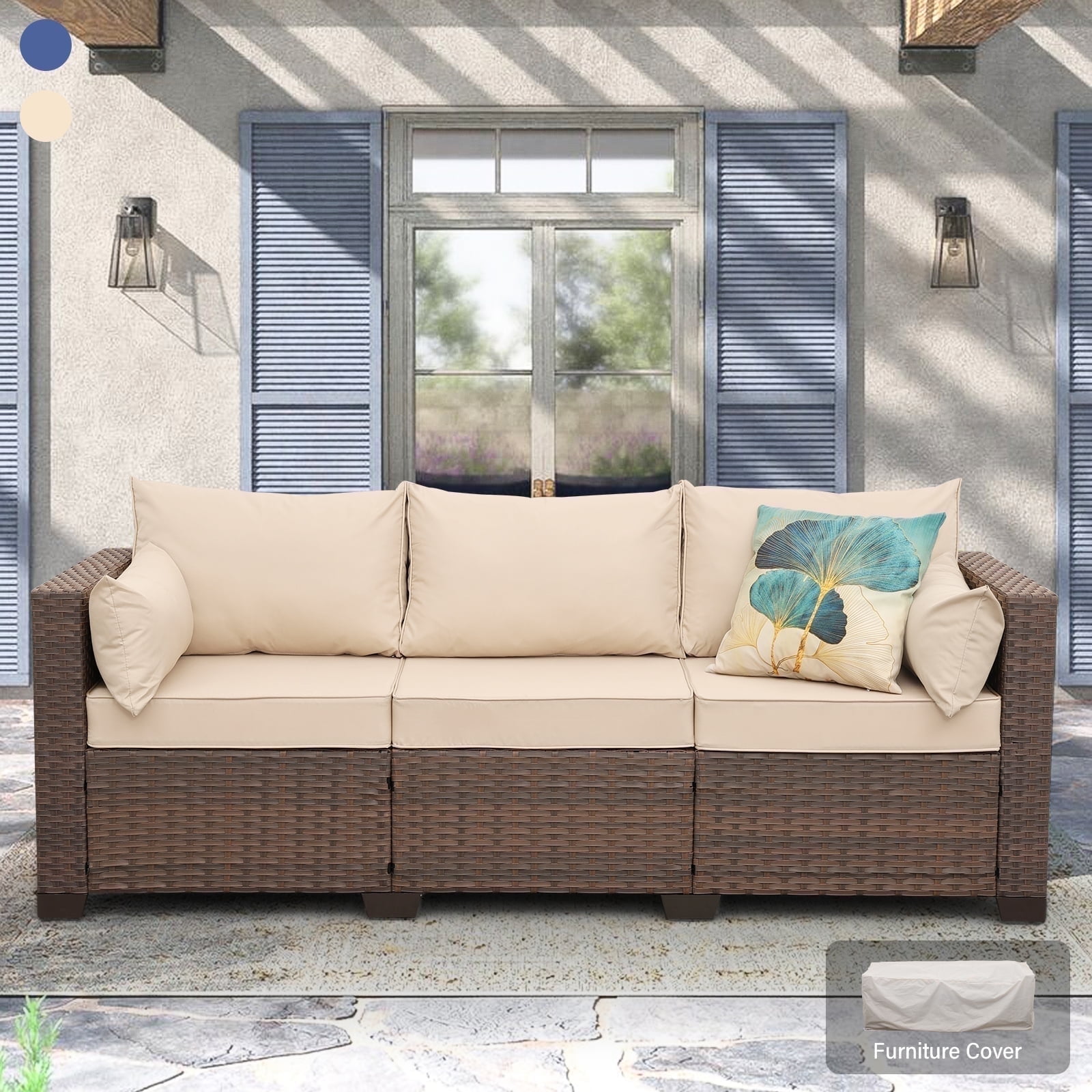 Outdoor Sofa 3-Seat Patio Wicker Couch with No-Slip Cushioned Furniture ...