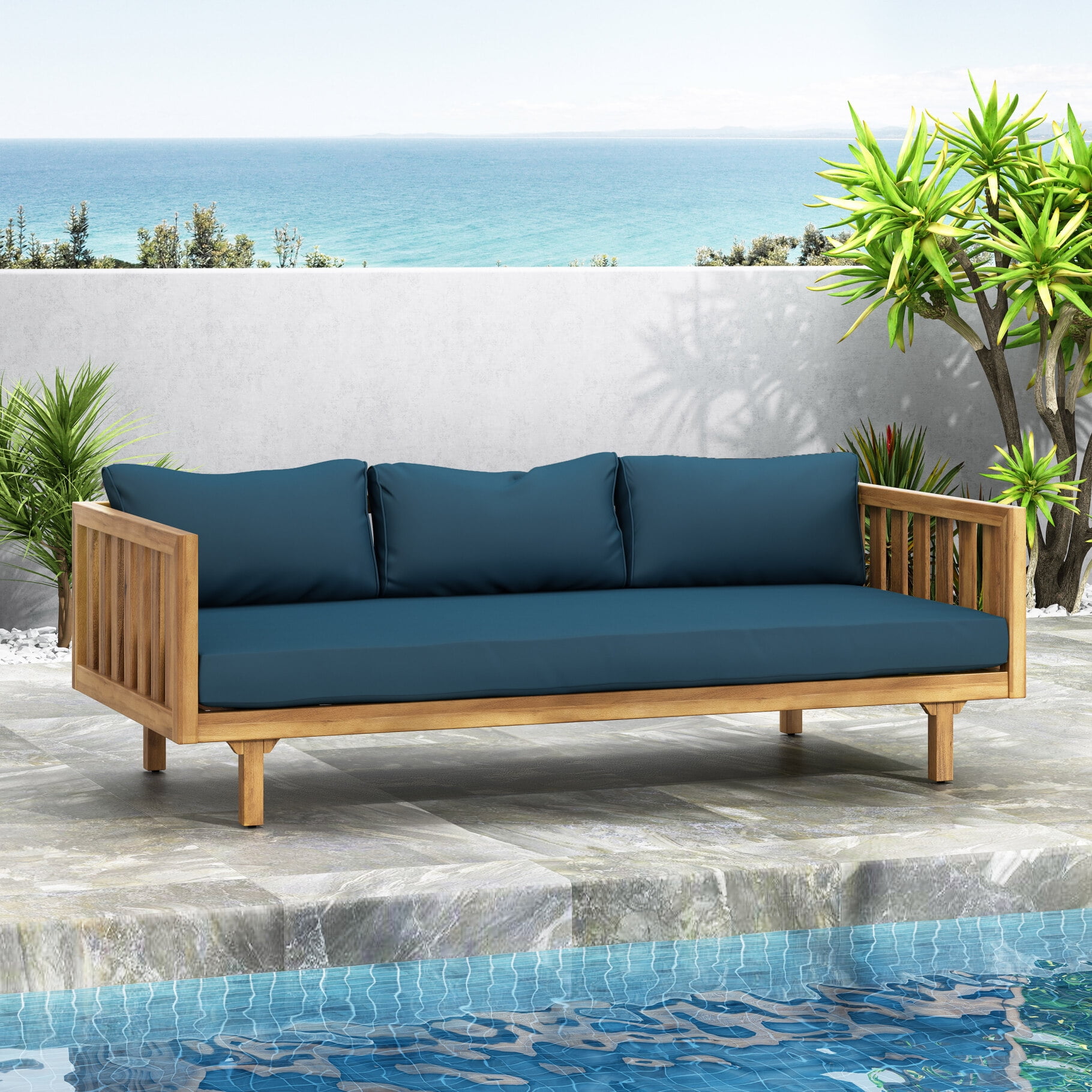 Outdoor Sofa Daybed, Modern Wood Sofa Bed with Cushion and Armrest, 3 ...