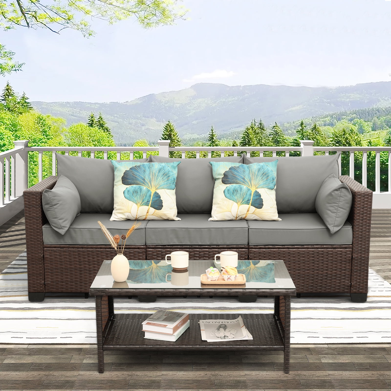 Outdoor Sofa Set of 2, PE Wicker Couch with 2-Layer Glass Coffee Table ...