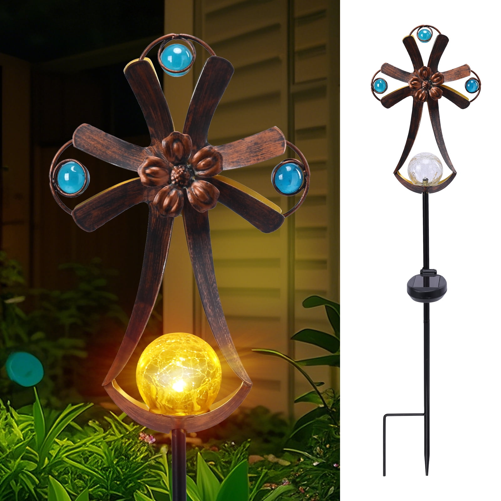 Outdoor Solar Garden Stake,Solar Cross Stake,Crackle Glass Ball With ...