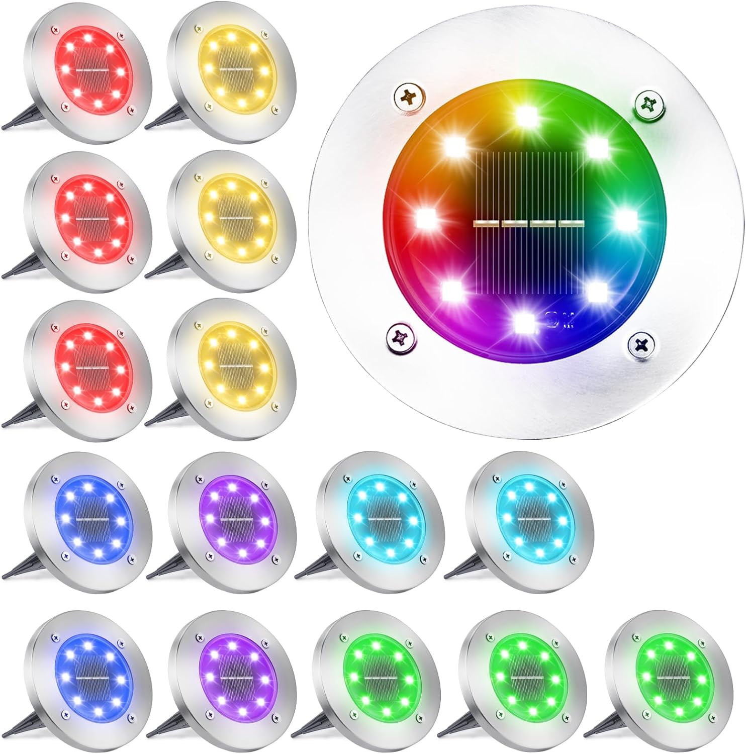 Outdoor Solar Ground Lights, 16 Pack with 8 LED Color Changing Solar ...