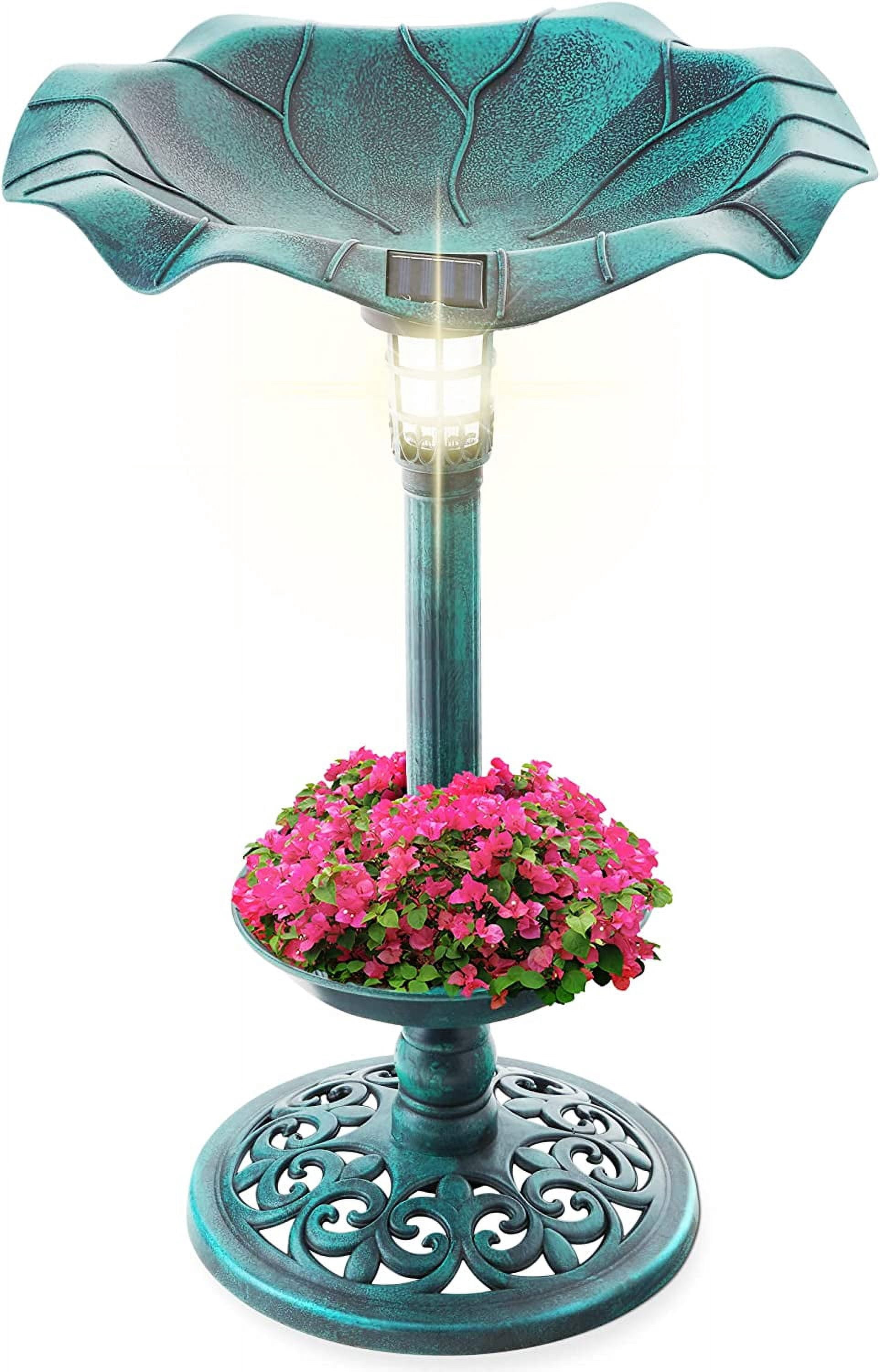 Outdoor Solar Lighted Pedestal Bird Bath Fountain Decoration w/Planter ...