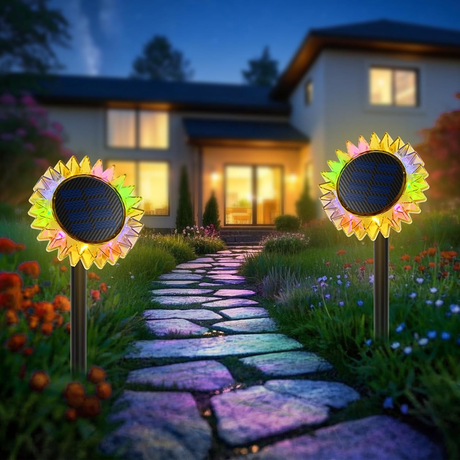 Outdoor Solar Lights, 2 Pack Led Solar Sunflower Lights, Stake/Wall 2 ...