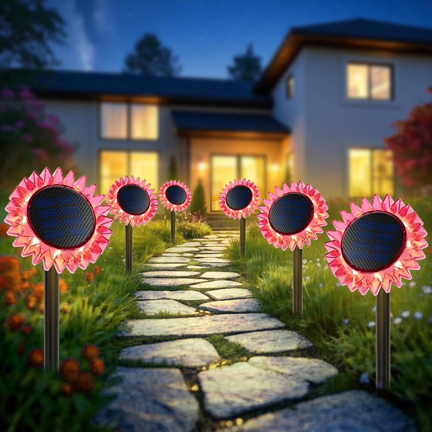 Outdoor Solar Lights, 6 Pack Led Solar Sunflower Lights, Stake/Wall 2 ...