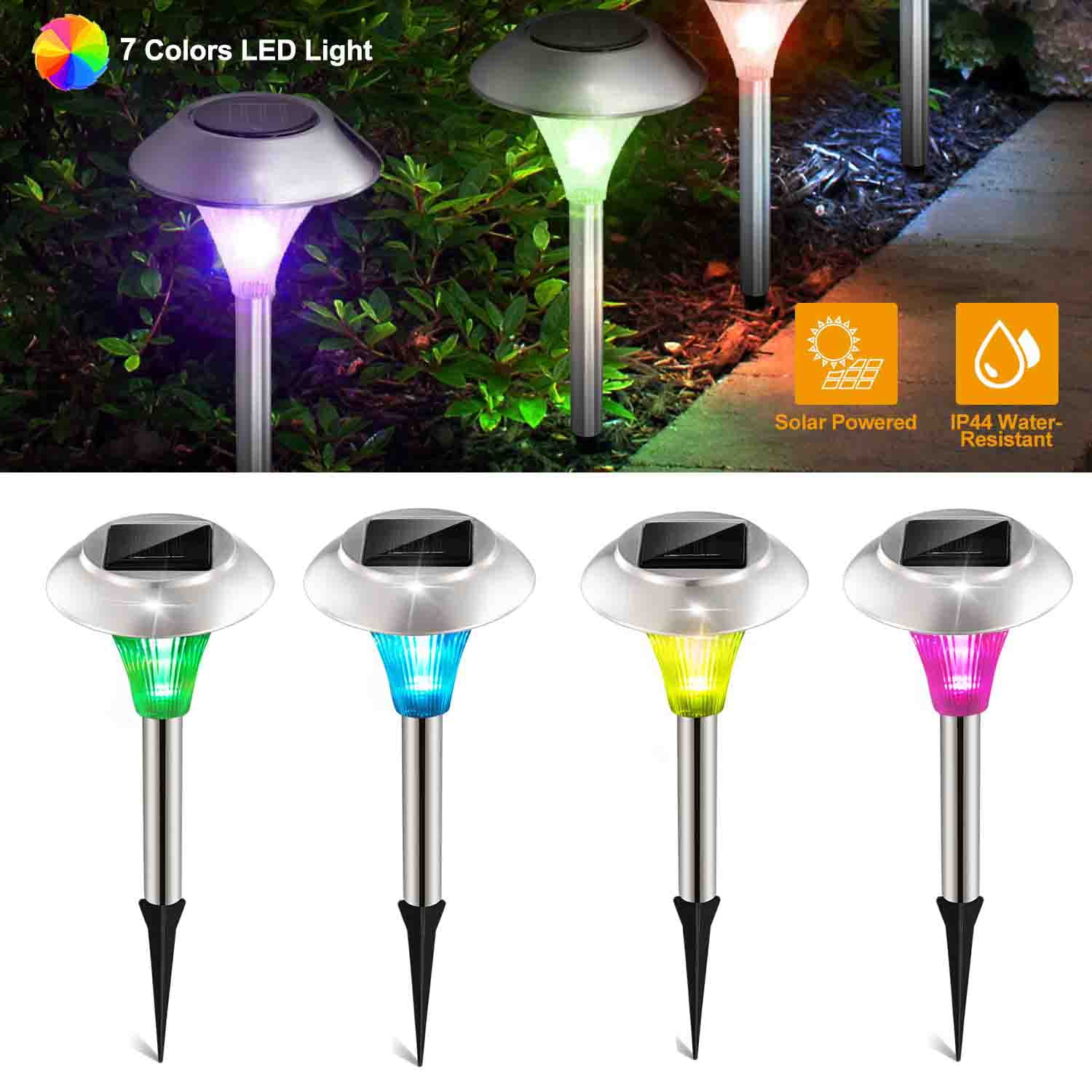 Outdoor Solar Pathway Lights, 4 Pack Bright Color Changing LED Solar ...