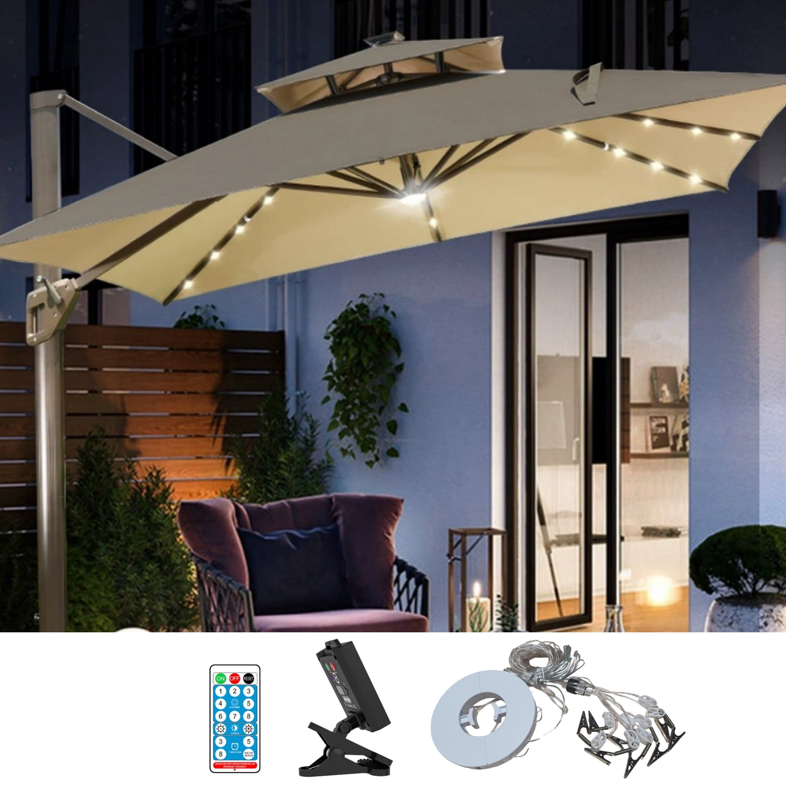 Outdoor Solar Umbrella Light Dimmable Auto On/Off Remote Control ...