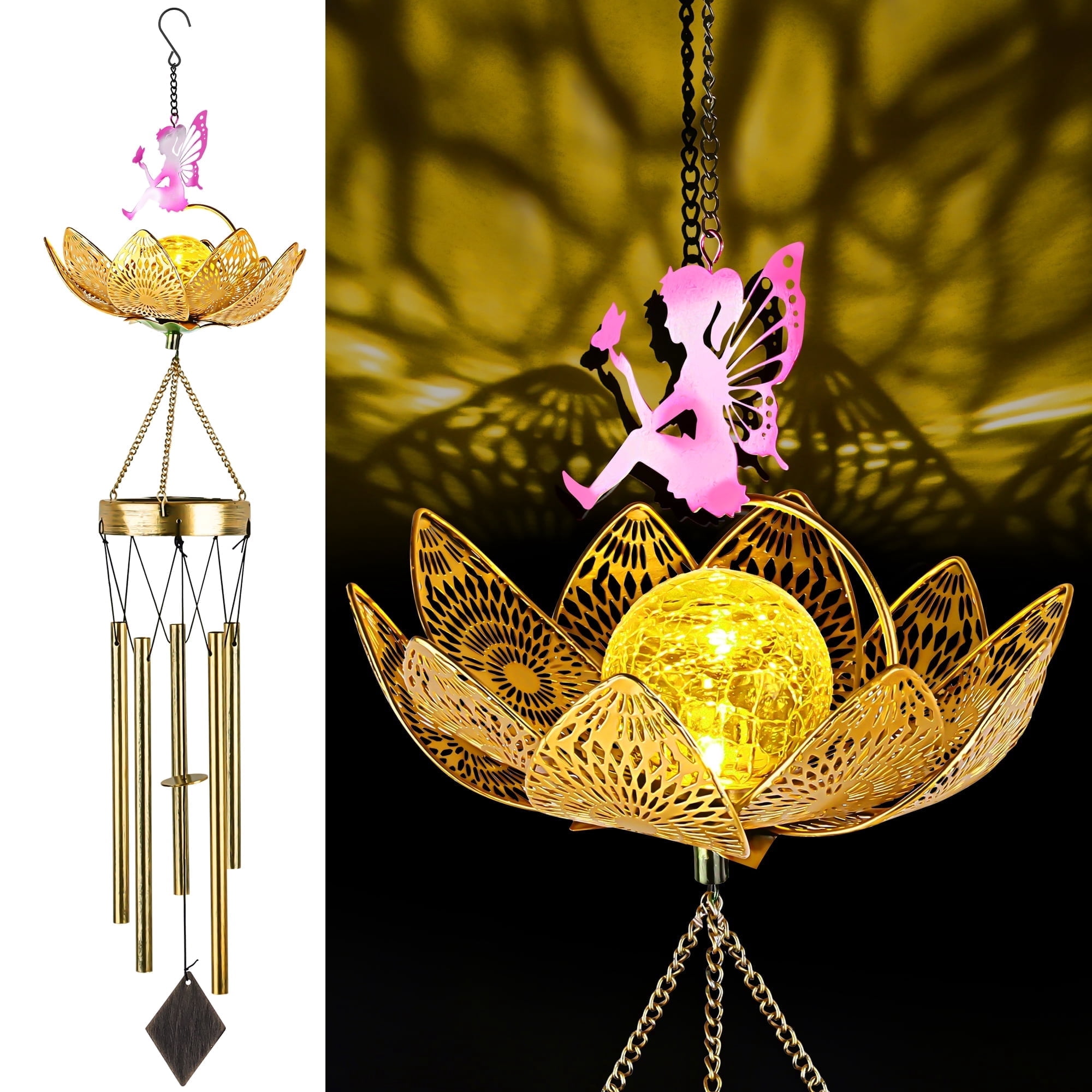 Hiteenyian Outdoor Solar Wind Chimes, Lotus Fairy with Warm LED, 5 ...