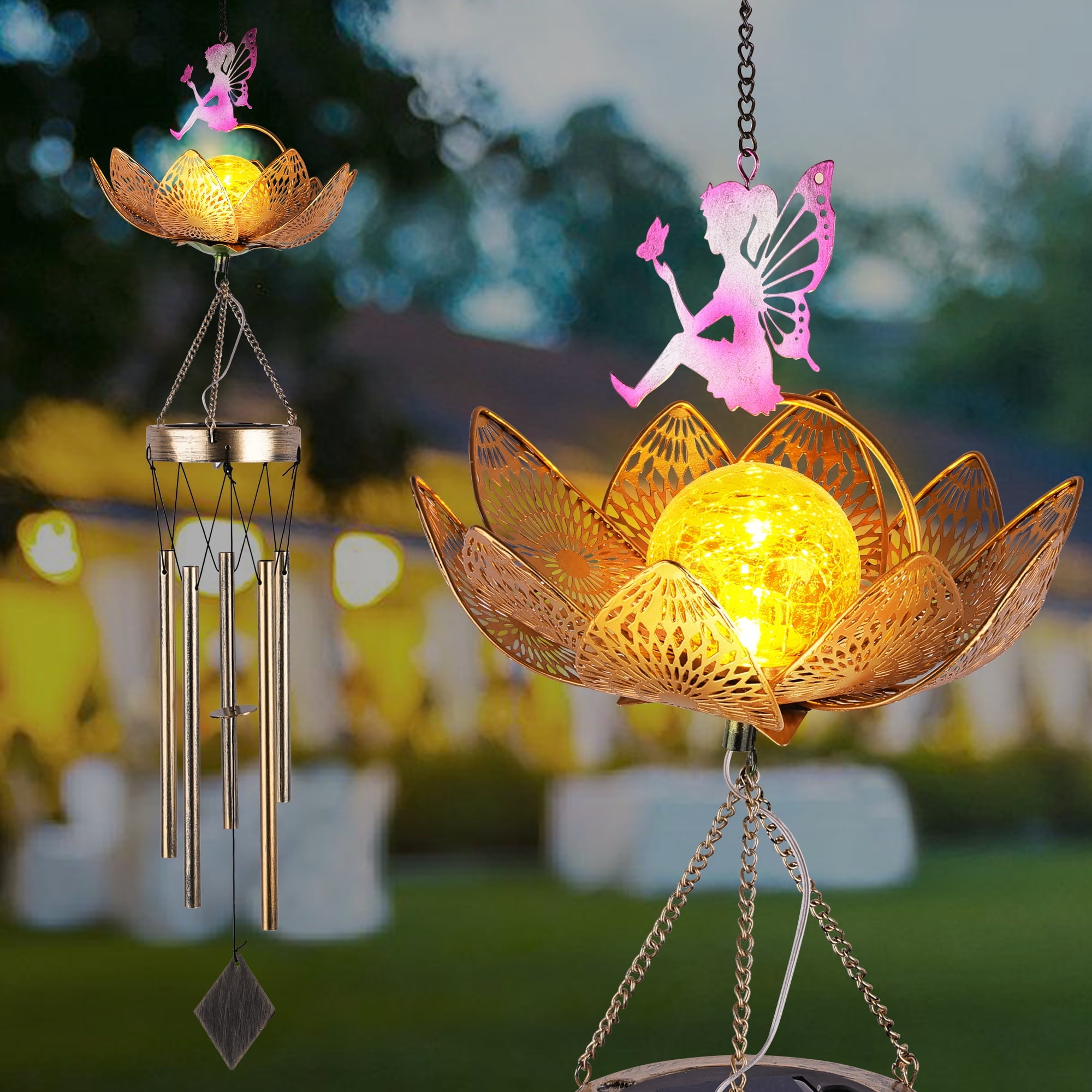 Outdoor Solar Wind Chimes, Lotus Fairy Wind Chimes with Warm LED, 5 ...
