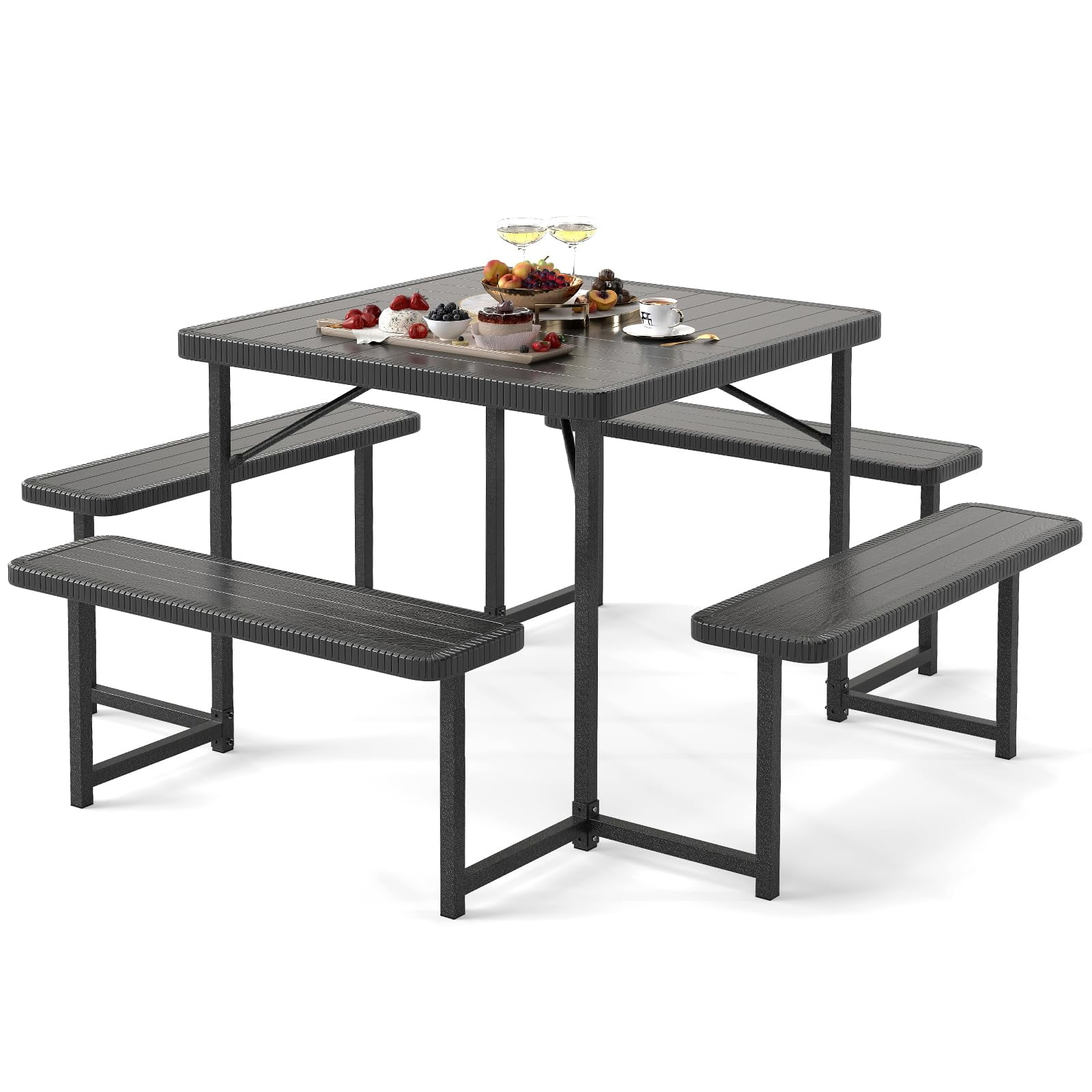 Outdoor Square Picnic Table Set for 4-8, 34 Inch Dining Table with 2 ...