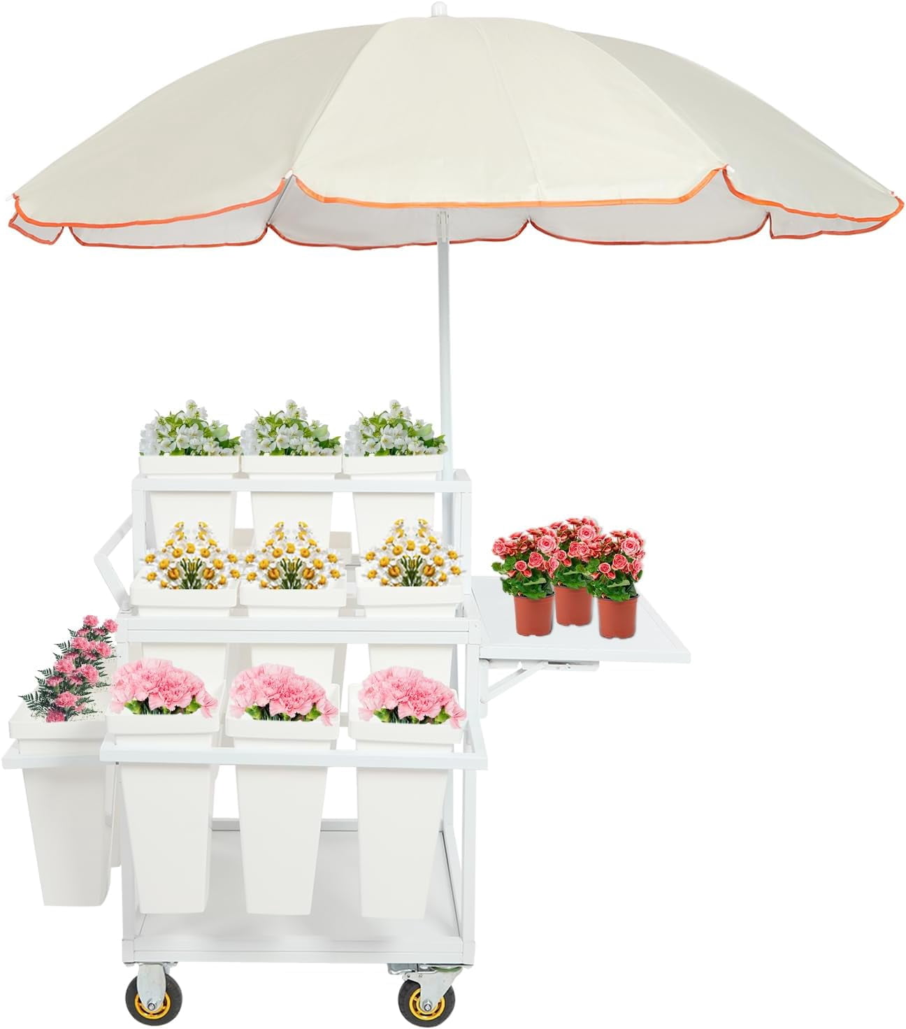 Outdoor Stand Cart with Umbrella and 18 Buckets,Rolling Flower Display ...