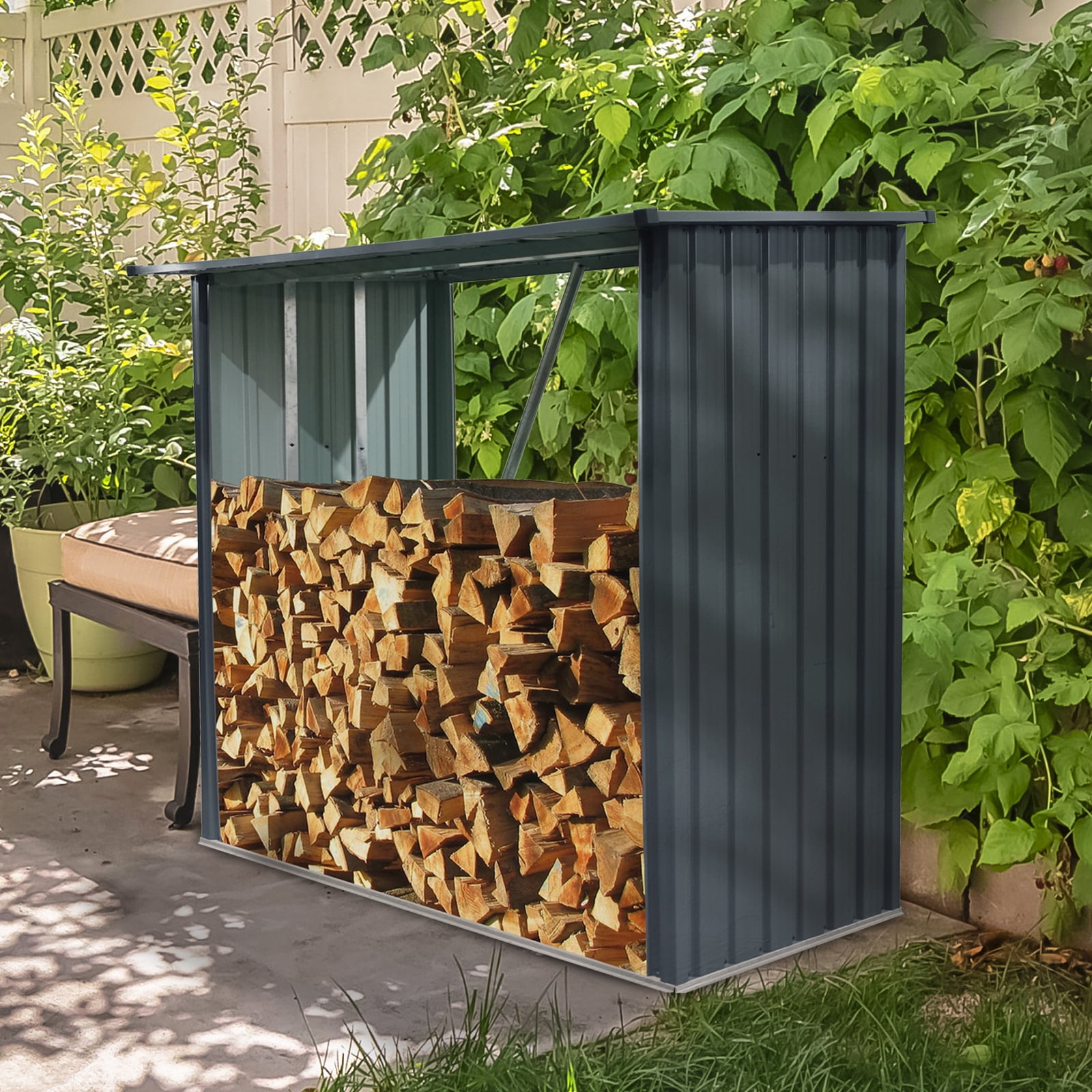 Outdoor Steel Firewood Rack,Open Wood Shed with Sloped Roof for ...