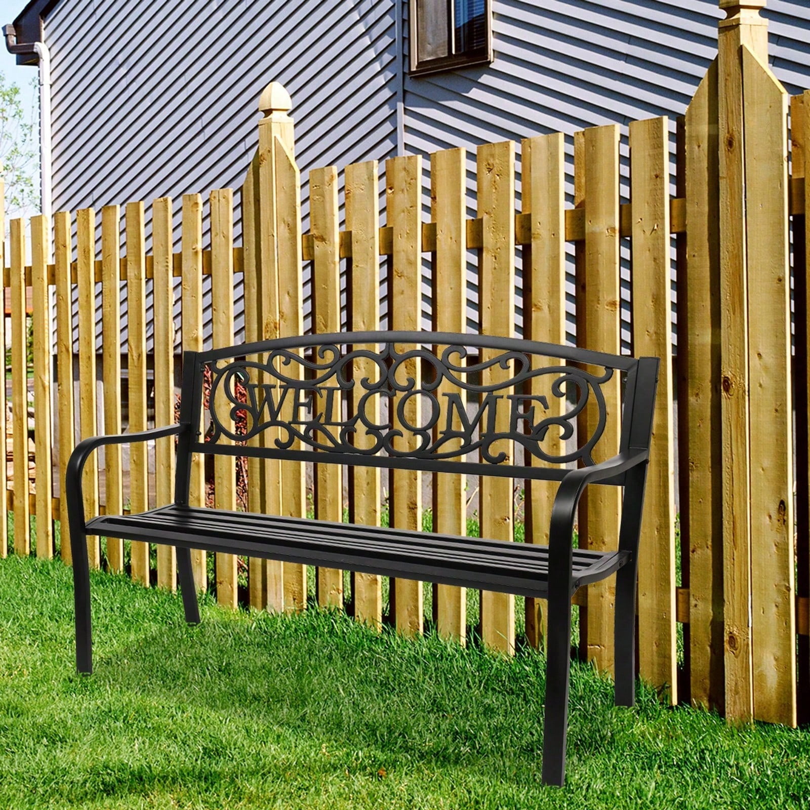 Outdoor Steel Garden Bench Park Bench, 50 Inch Patio Welcome Bench With ...