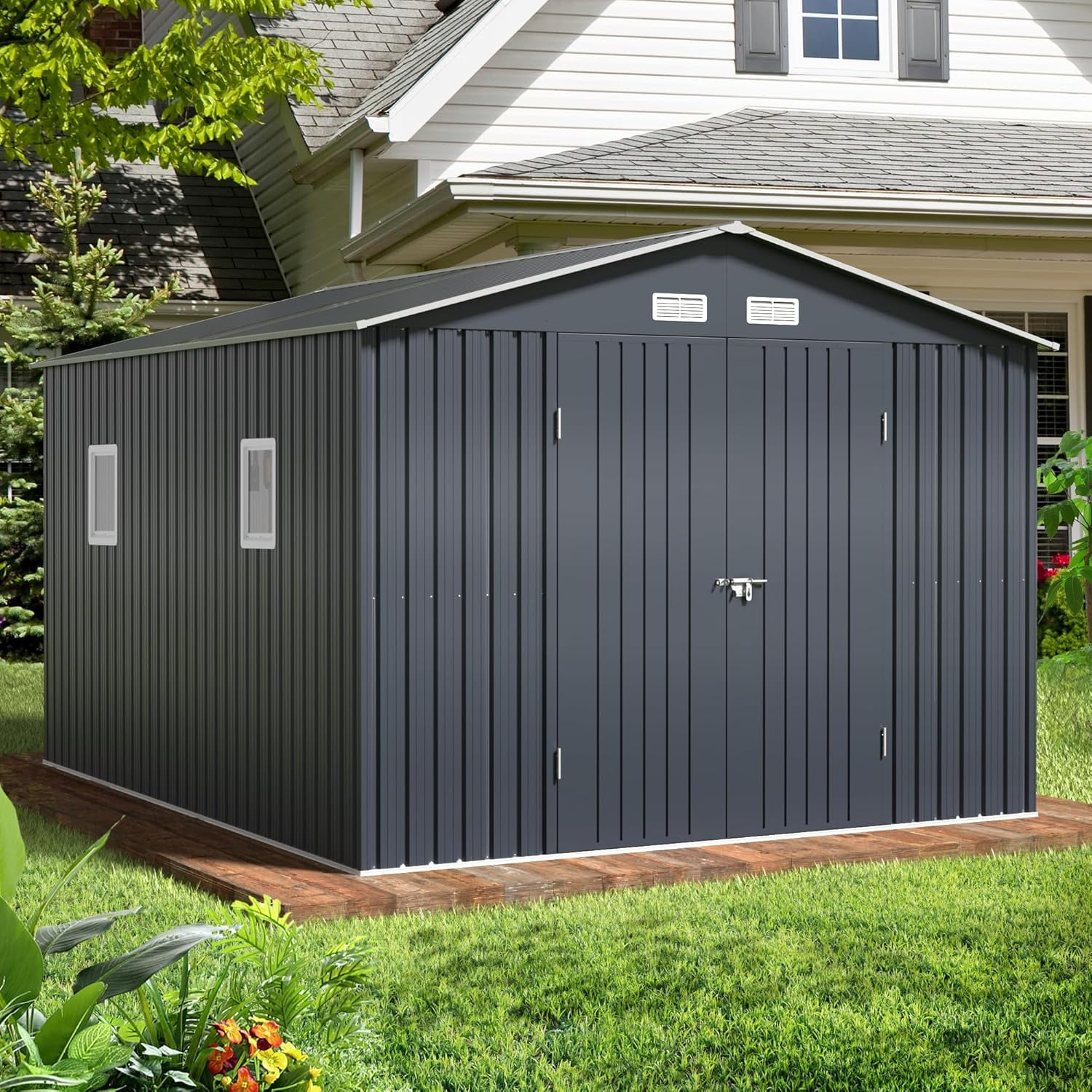 Outdoor Steel Storage Shed with Floor Frame, Lockable Doors, Compact ...