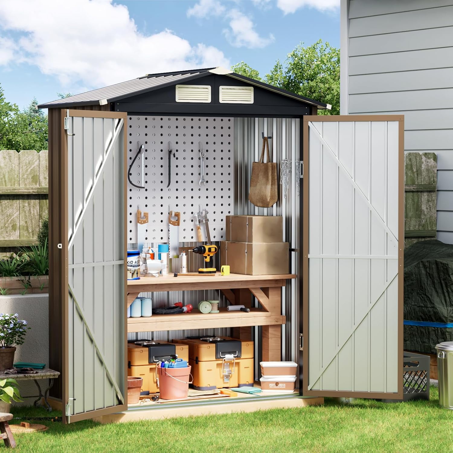 Outdoor Steel Storage Shed with Floor Frame, Lockable Doors, Compact ...