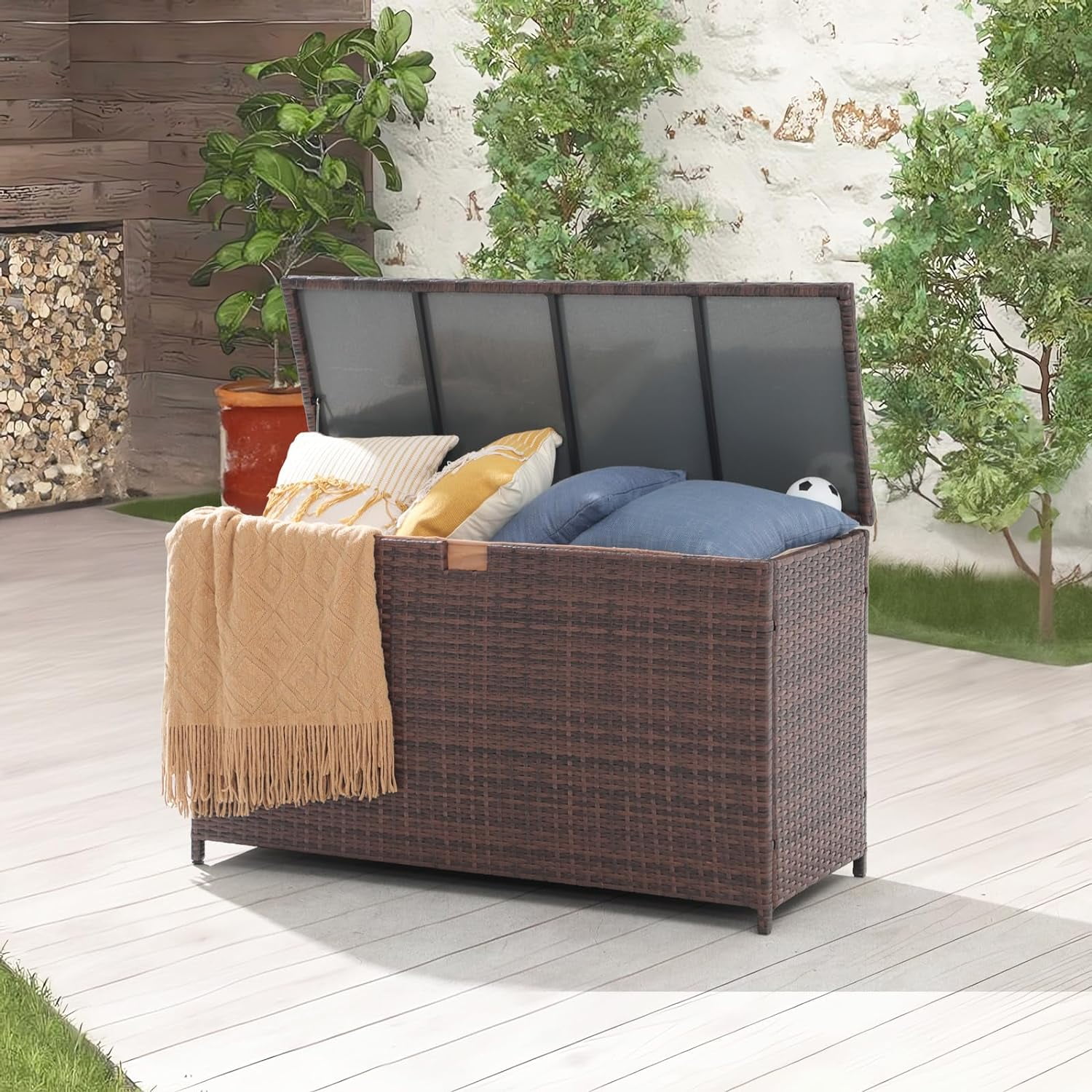 Outdoor Storage Box 125 Gallon Large Deck Boxes Waterproof Wicker Patio ...