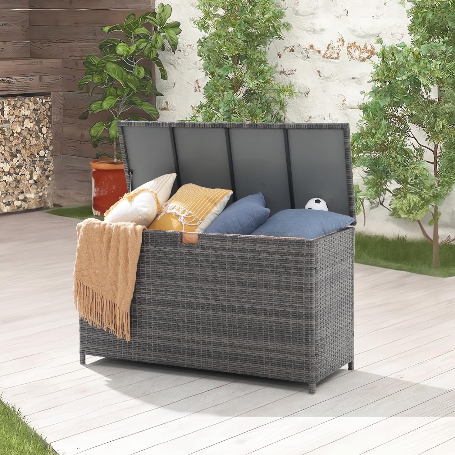 Outdoor Storage Box 125 Gallon Large Deck Boxes Waterproof Wicker Patio ...