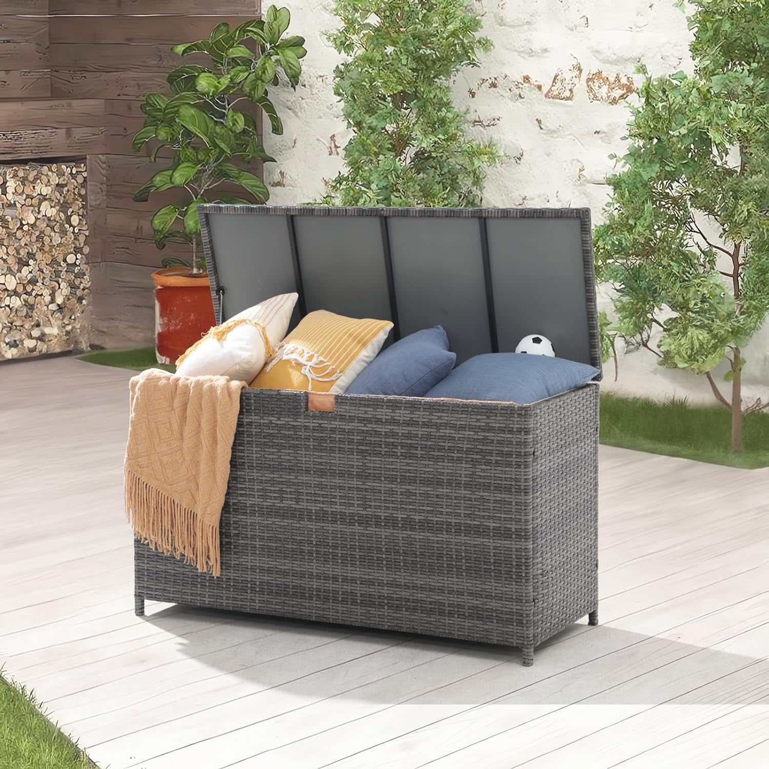 Outdoor Storage Box 125 Gallon Large Deck Boxes Waterproof Wicker Patio ...