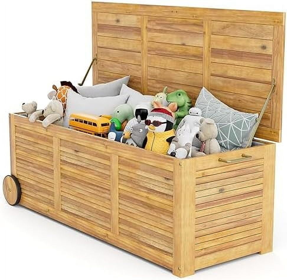 Outdoor Storage Box with Wheels, 48 Gallon Acacia Wooden Patio Storage ...