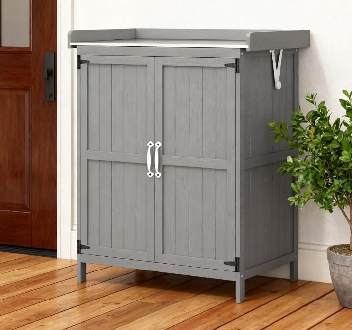 Outdoor Storage Box, Wooden Potting Bench with 2 Doors,Outdoor Storage ...