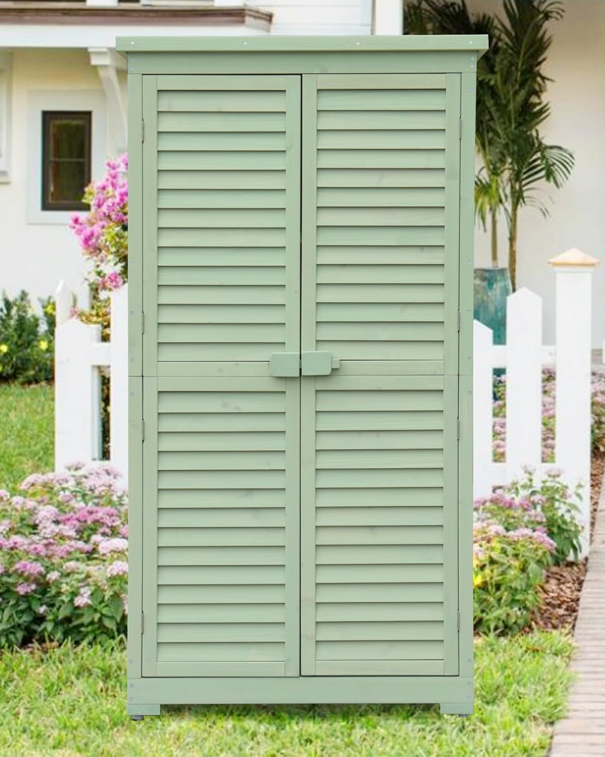 Outdoor Storage Cabinet, 63" Wooden Garden Organizer Shed with Shelves ...