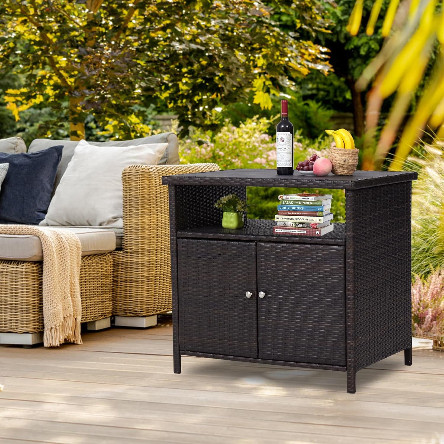 Outdoor Storage Cabinet, Patio Bar Table with 2 Doors and Shelves ...