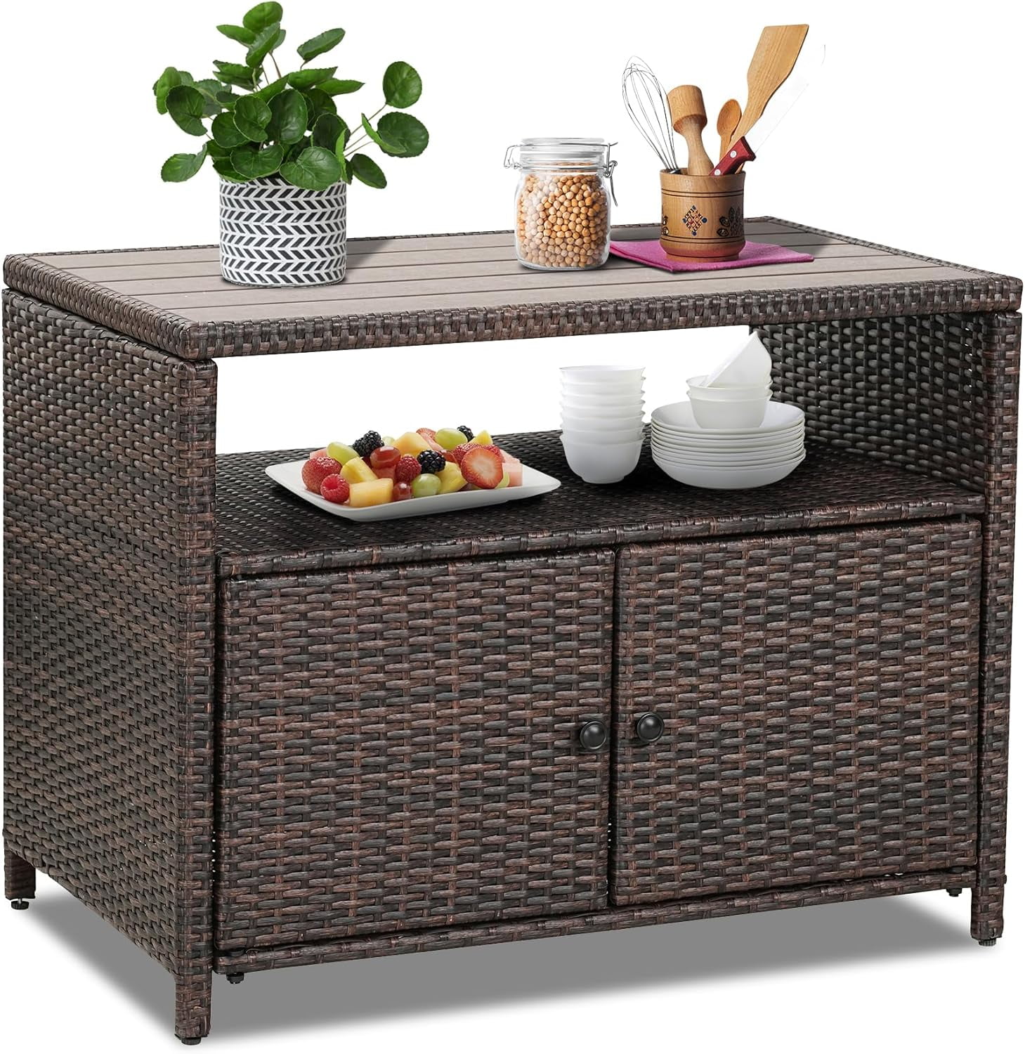 Outdoor Storage Cabinet, Patio Bar Table with Two Doors and Shelves ...