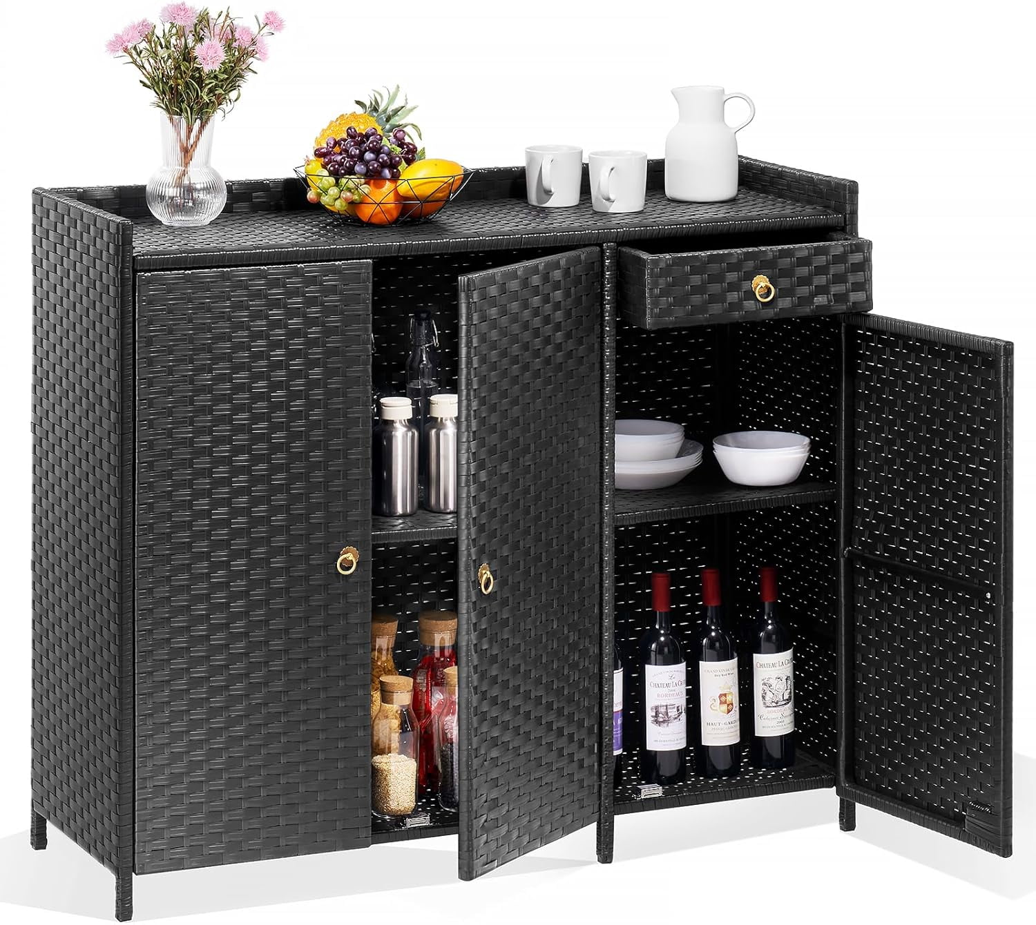 Outdoor Storage Cabinet, Weather-Proof Rattan Bar Table with 2 Doors ...