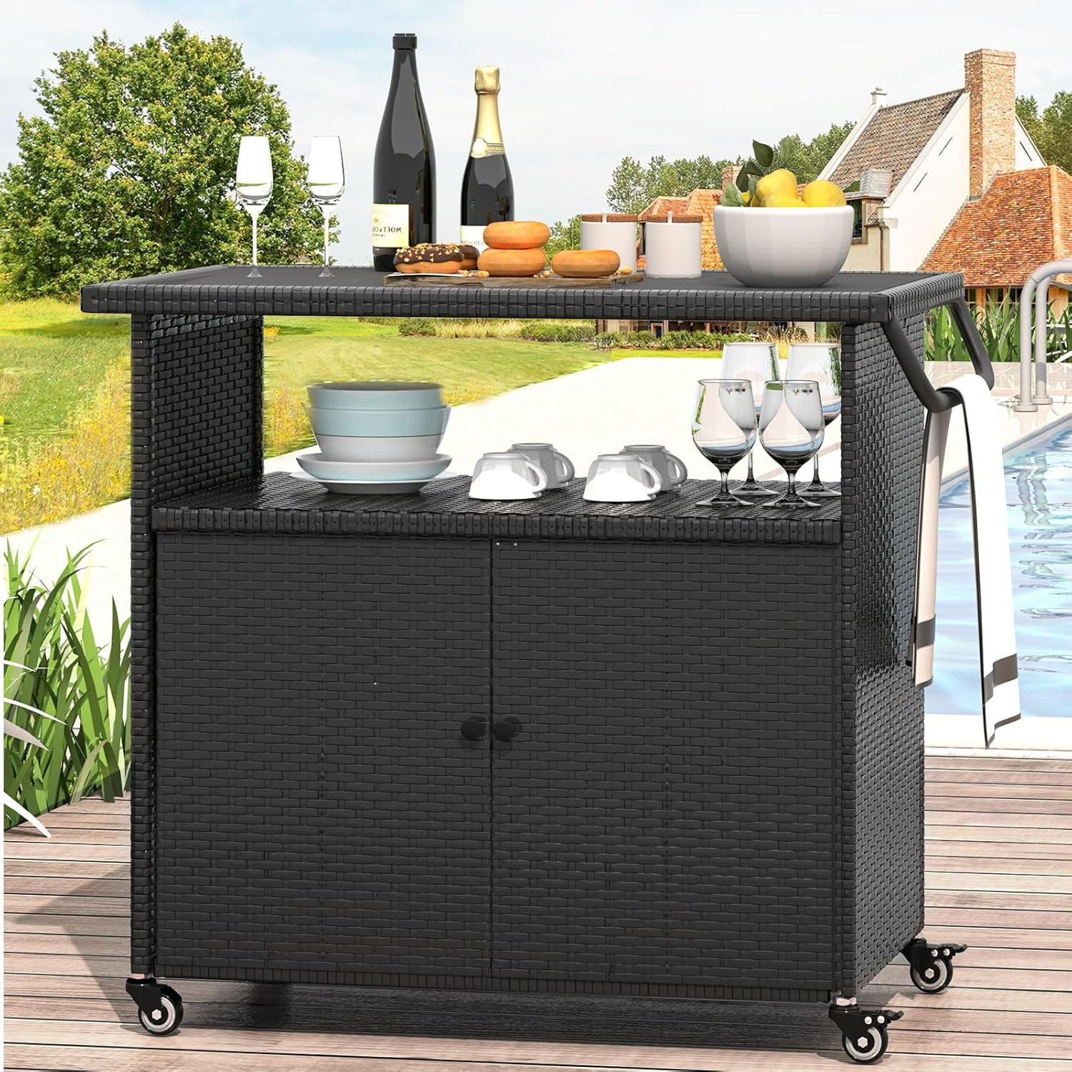 Outdoor Storage Cabinet on Wheels for Patio Outdoor Rattan Bar Cart on ...