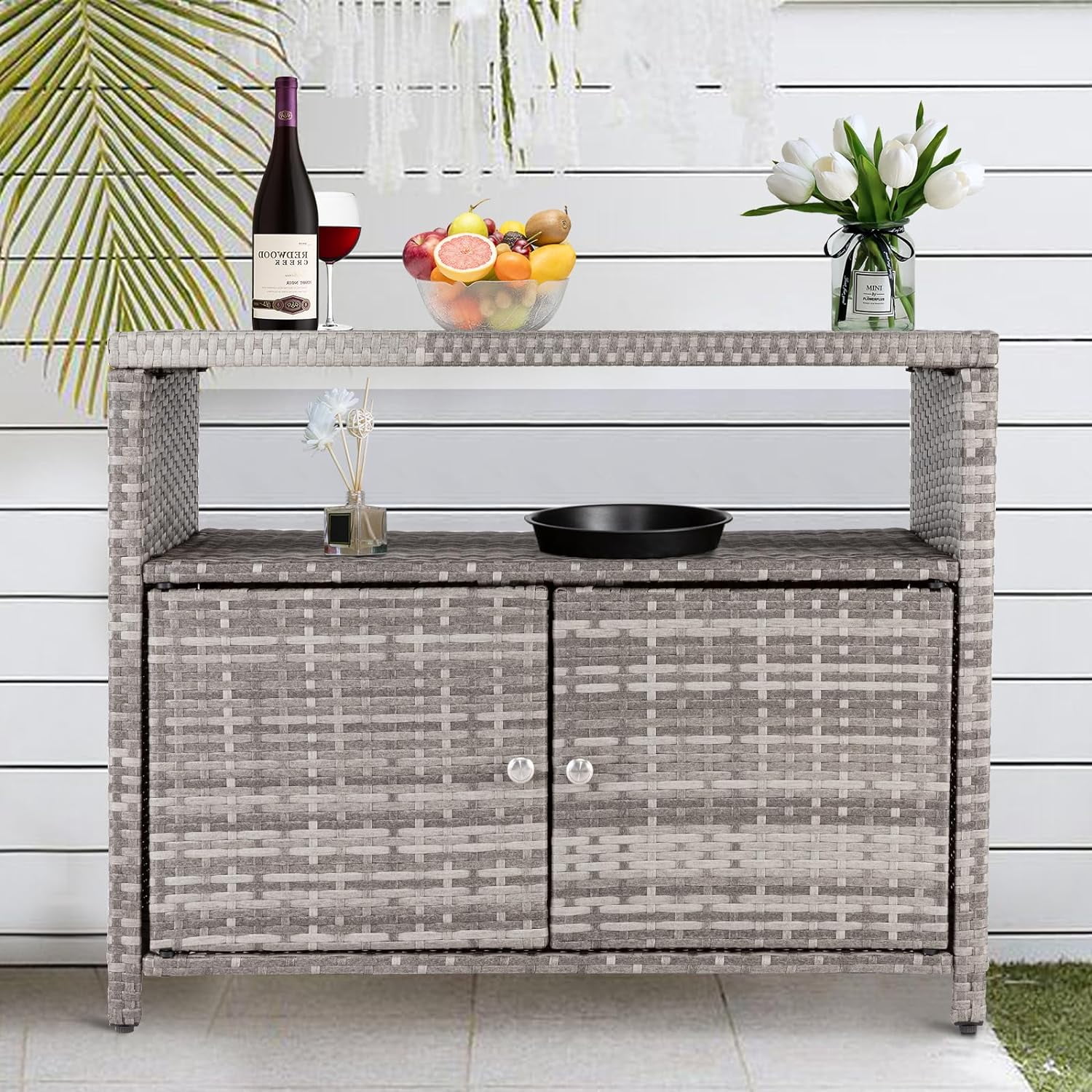 Outdoor Storage Cabinet, Wicker Rattan Storage Cabinet with 2 Doors ...