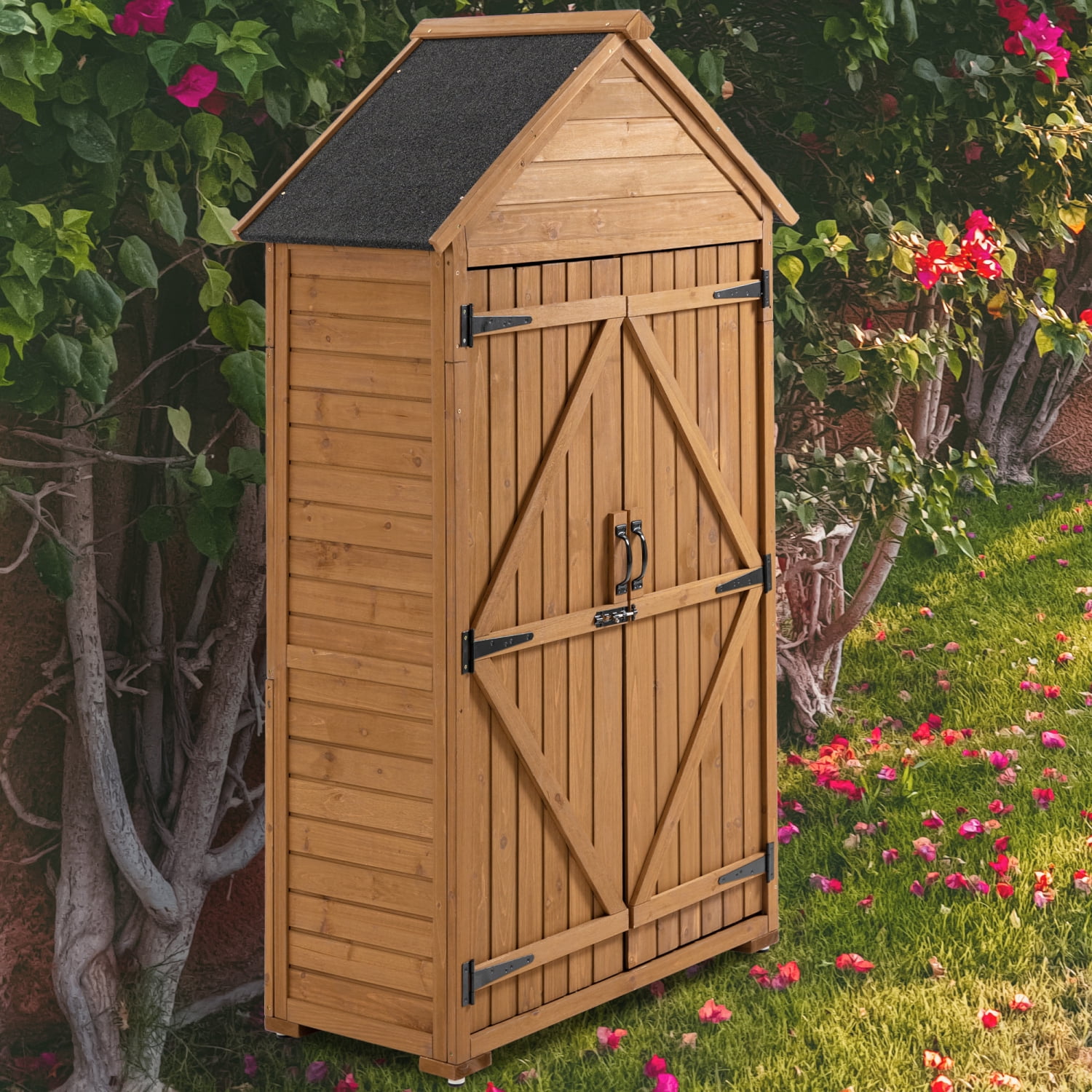 Outdoor Storage Cabinet, Wood Tool Shed with Shelves and Latch, Outside ...