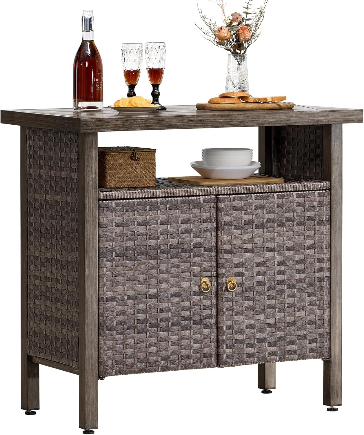 Outdoor Storage Cabinet, Woven Rattan Bar Table with 2 Doors, Slatted ...