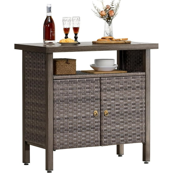Outdoor Storage Cabinet, Woven Rattan Bar Table with 2 Doors, Slatted ...