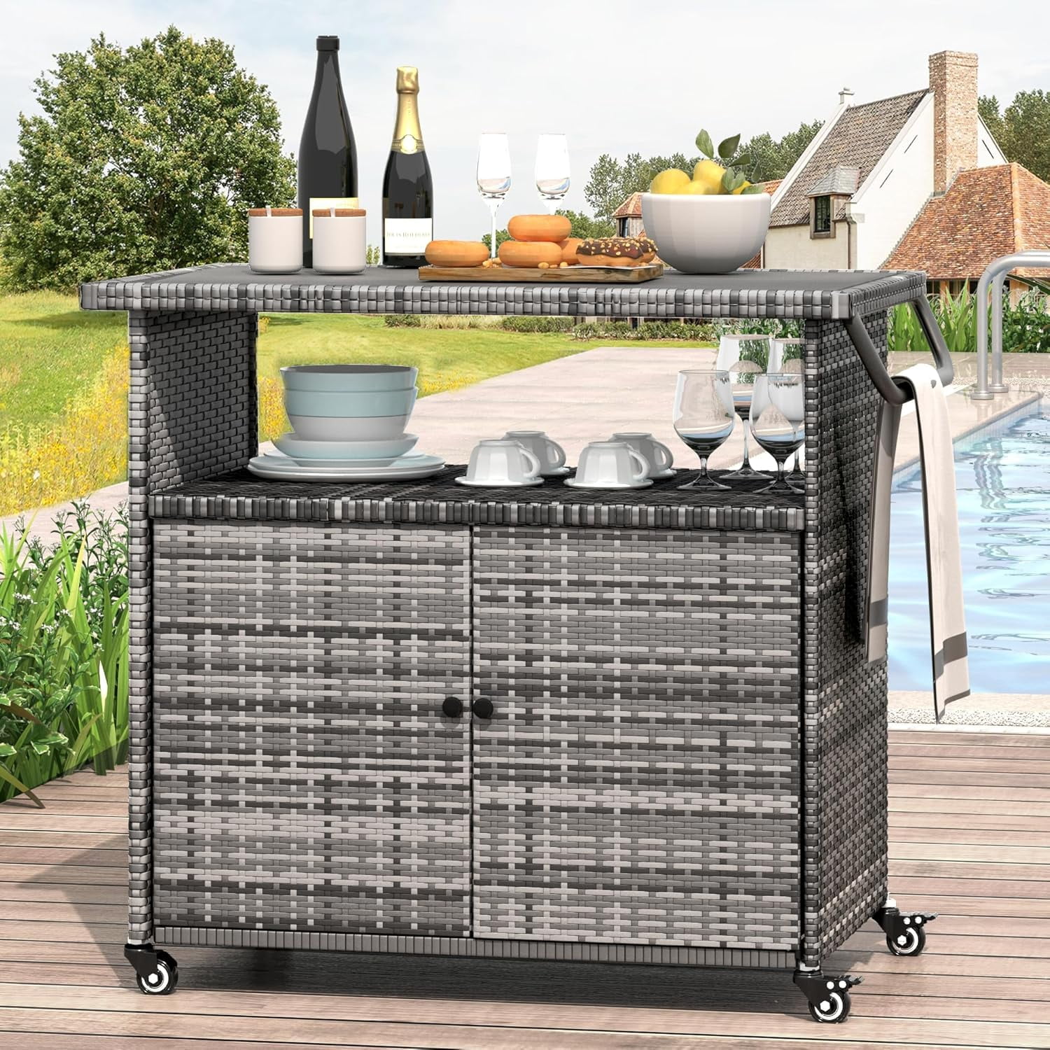Outdoor Storage Cabinet on Wheels, Outdoor Bar Table with Rounded ...