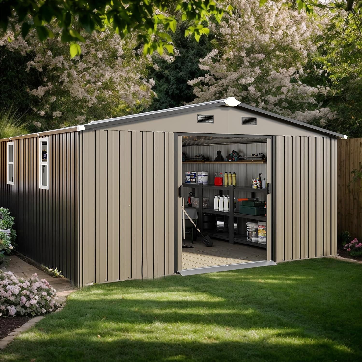 Outdoor Storage Shed, 12x10 Ft Utility Metal Tool Storage with Updated ...