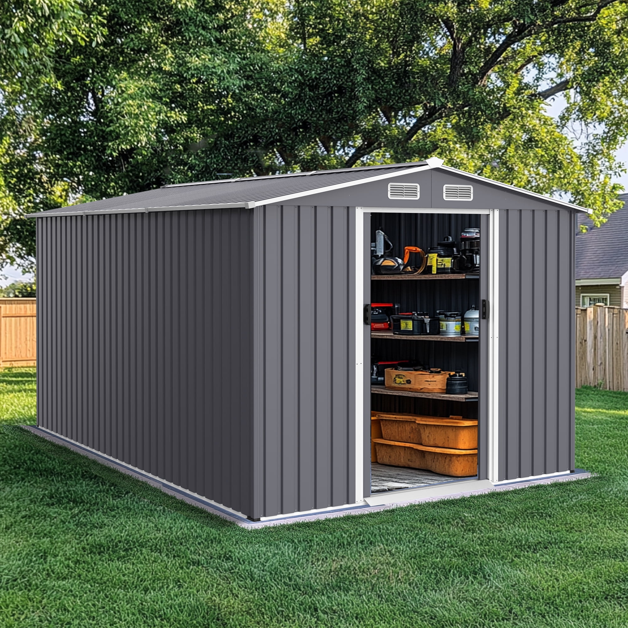 Outdoor Storage Shed 8 x 12 FT Large Metal Tool Sheds, Heavy Duty Storage House with Sliding ...