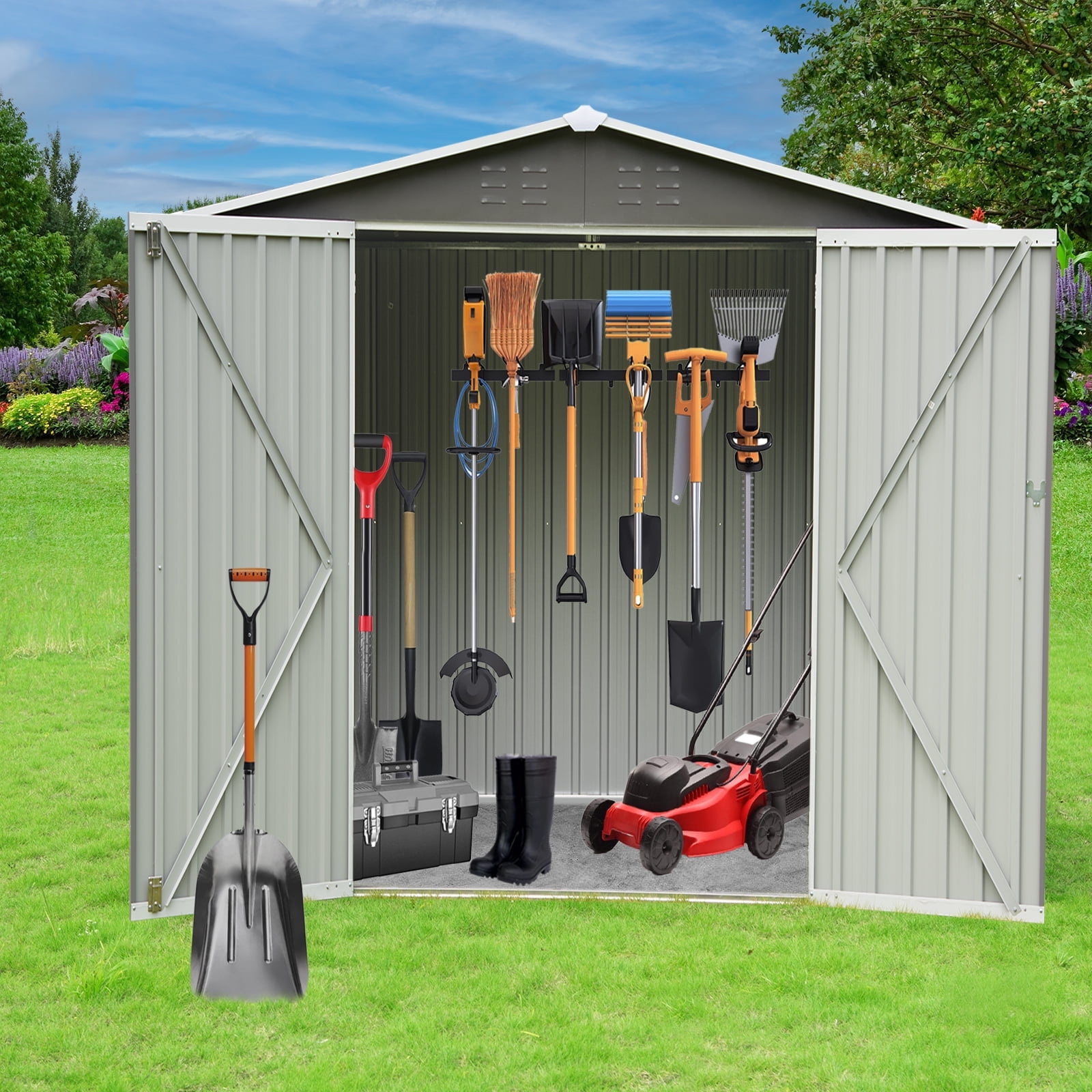 8FT x 6FT Outdoor Storage Shed, Lockable, Anti-Corrosion, for Trash Can, Bike, Patio, Olive Gray ...