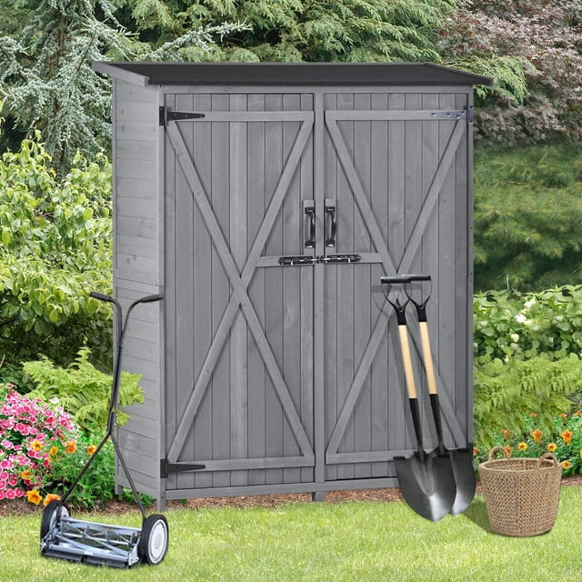 Gray Outdoor Storage Shed - Waterproof Fir Wood Tool Cabinet with 3 ...