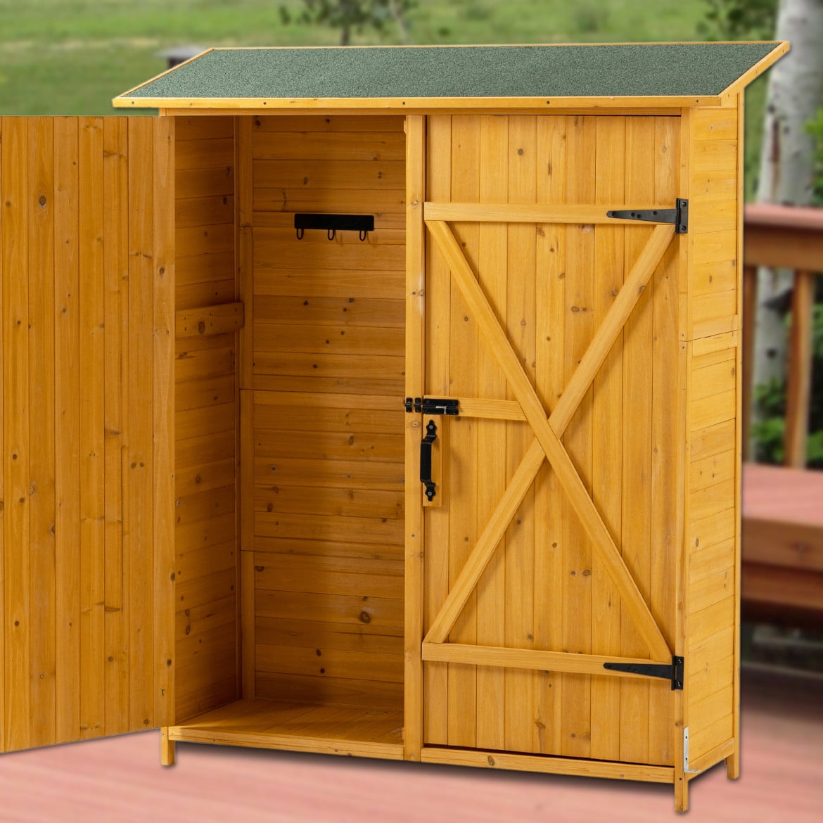 Outdoor Storage Shed, Lockable Freestanding Cabinet with Hooks and ...