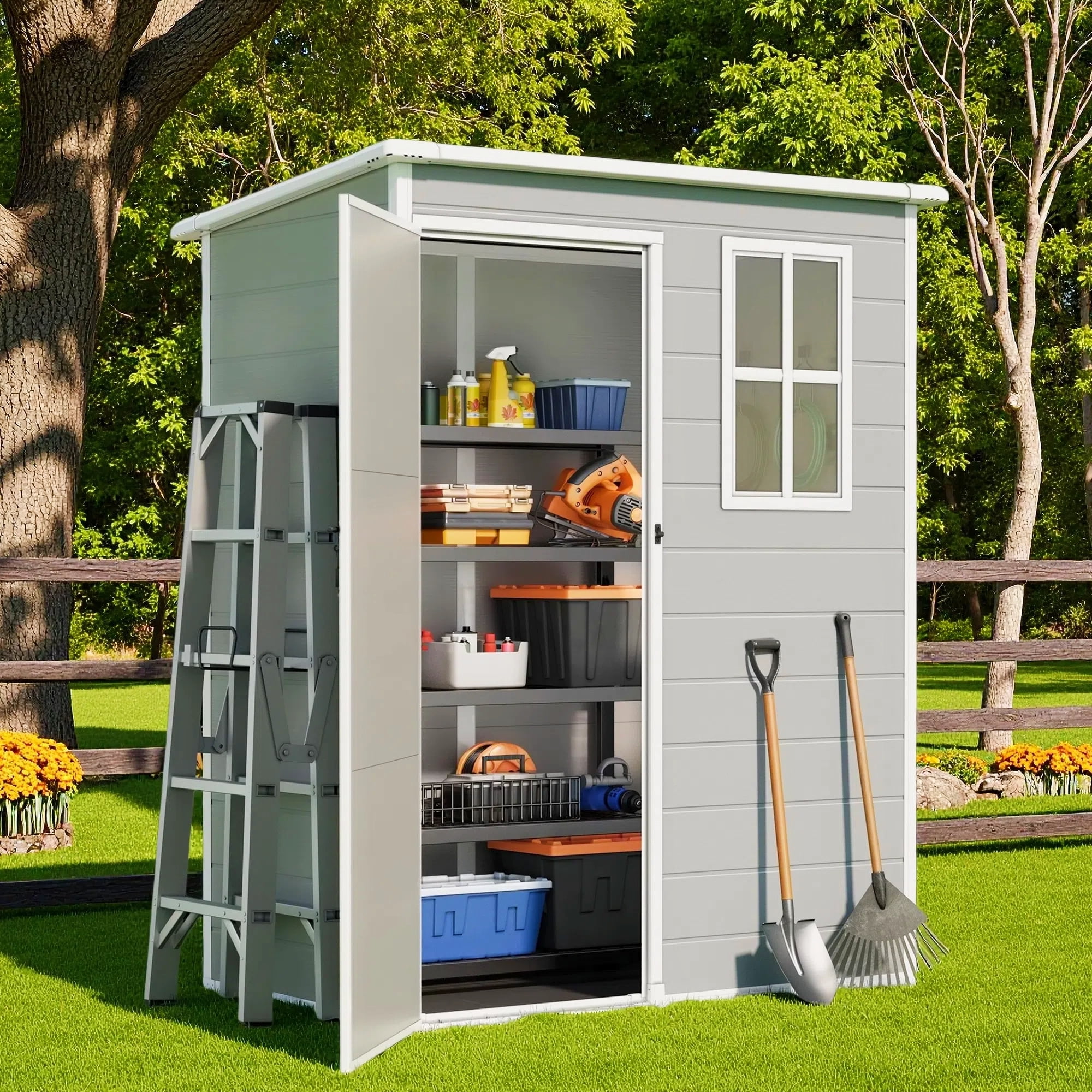 Lofka Outdoor Storage Shed with Floor, 5' x 3' Resin Garden Tool Shed ...