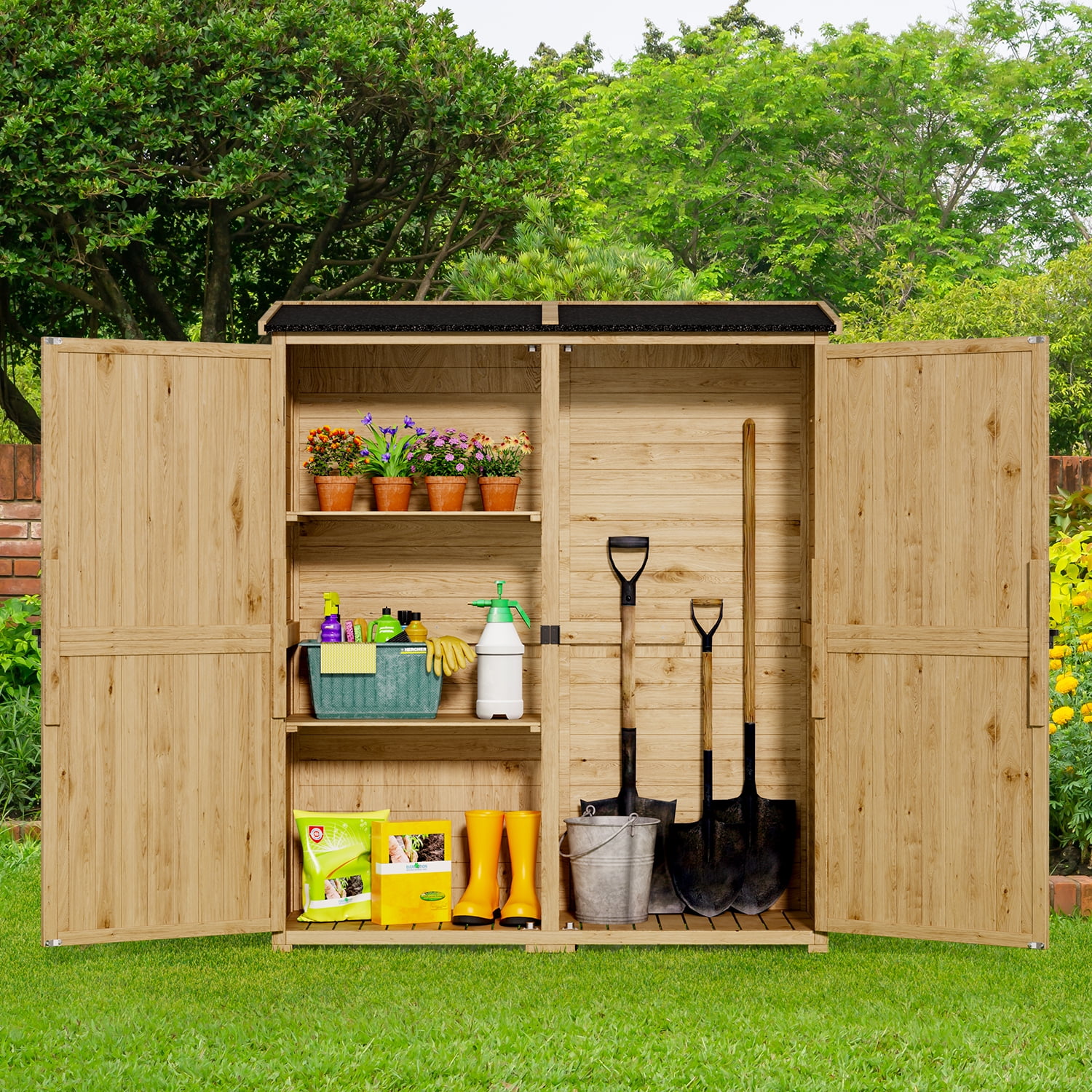 Lofka Wooden Outdoor Storage Shed with Vertical Floor Shelves, Lockable ...