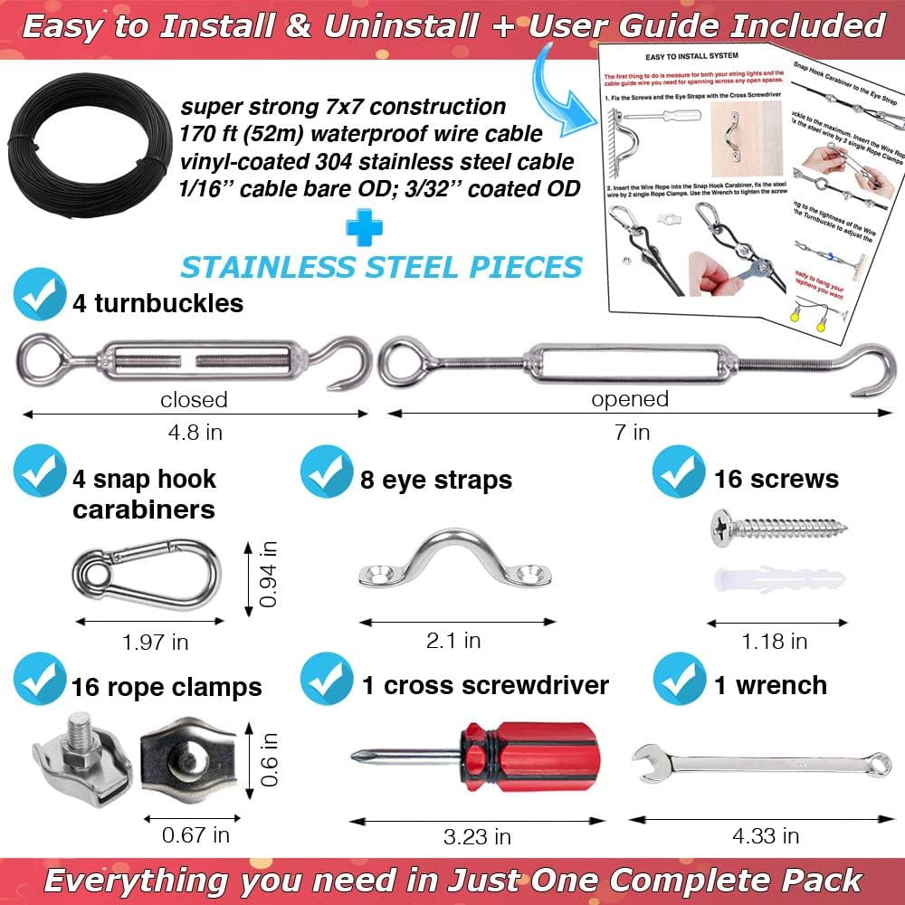 Outdoor String Light Hanging Kit with Guide Wire for Porch, Cafe ...