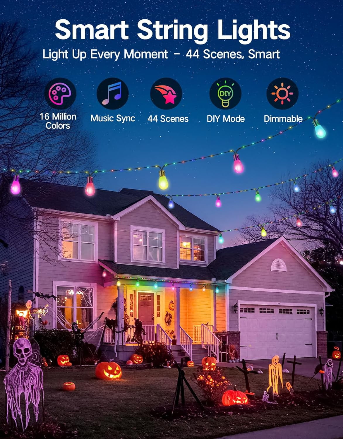 Outdoor String Lights, 46FT RGBAI Smart Festoon Lights, Waterproof IP65 ...