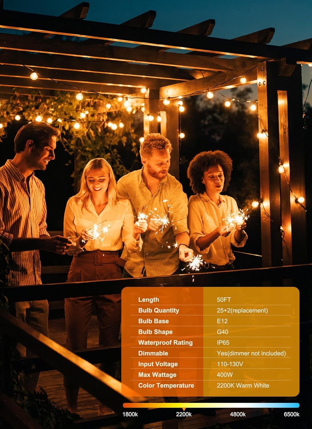 Outdoor String Lights, 50FT 25 G40 Bulbs Shatterproof Patio Lights ...