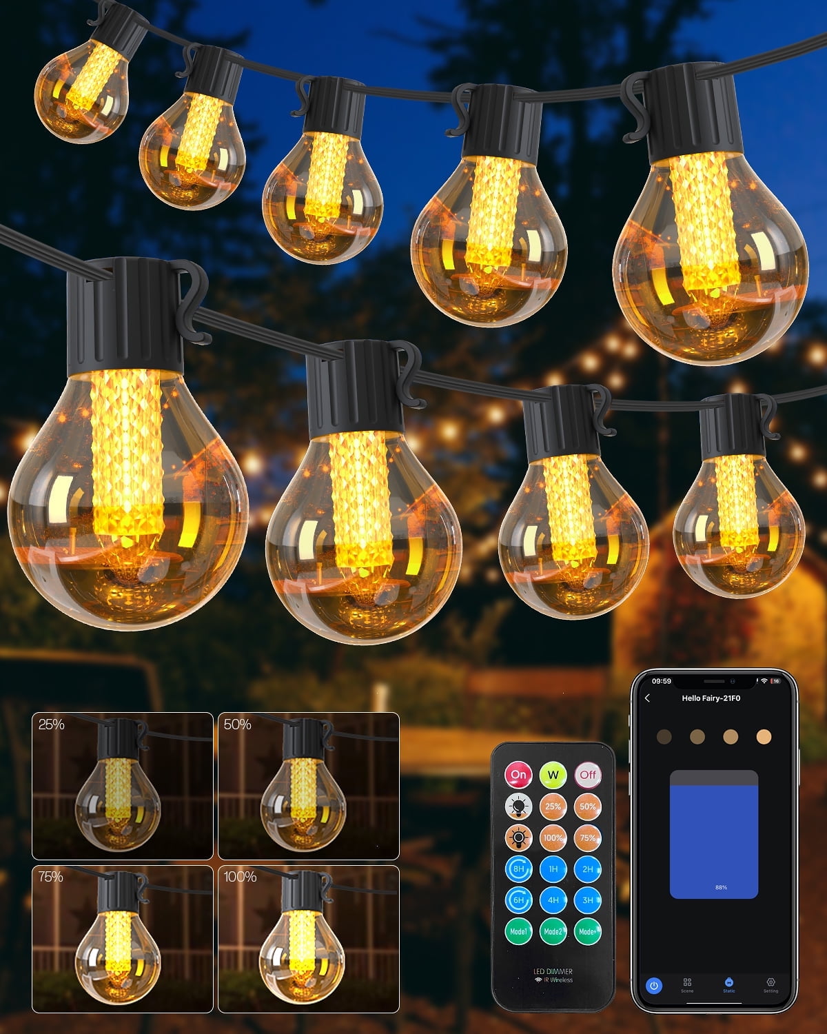Outdoor String Lights with Dimmer App Control 50Ft Patio Lights 25 Led ...