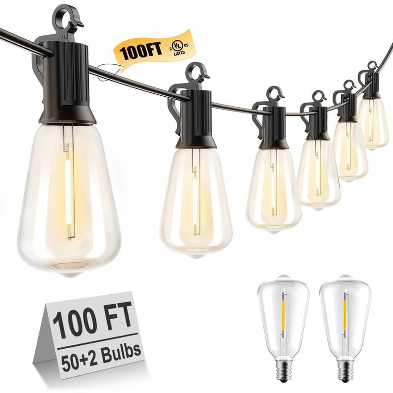 Outdoor String Lights LED 100FT Patio Lights with 52 Shatterproof ST38 ...