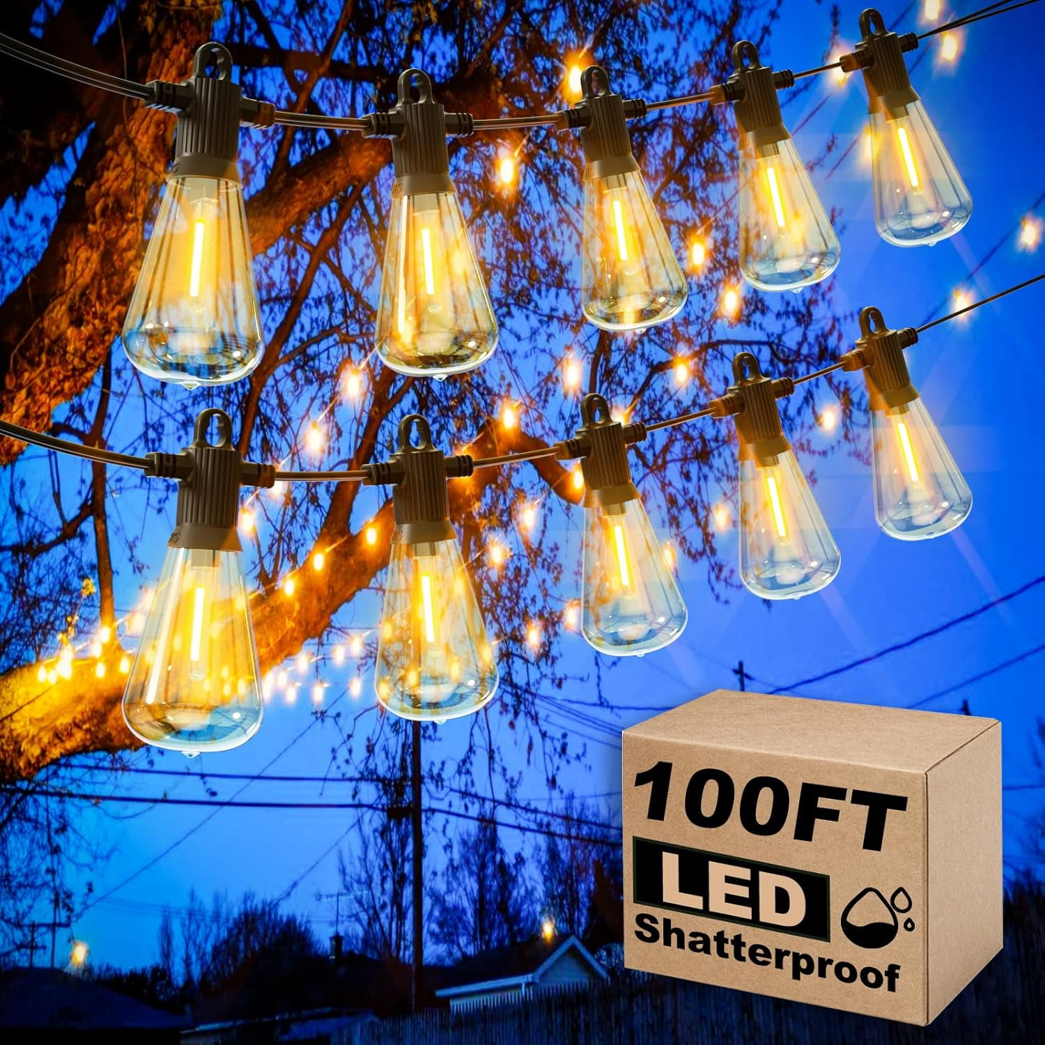 Outdoor String Lights, LED Patio Lights with 50+3 ST38 Vintage Edison Shatterproof Bulbs, IP65 ...