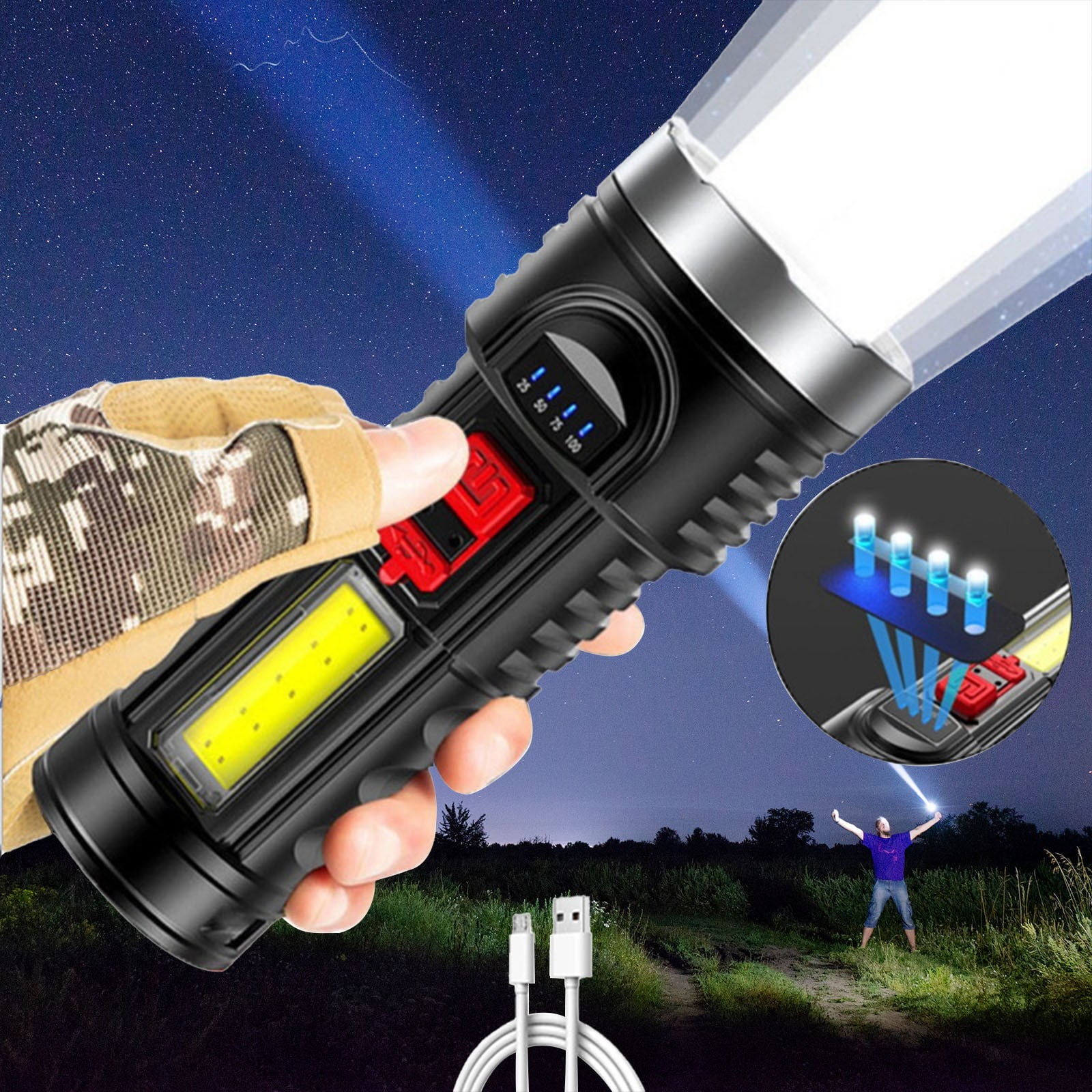 Outdoor Strong Light LED Flashlight | USB Rechargeable 18650 Battery ...