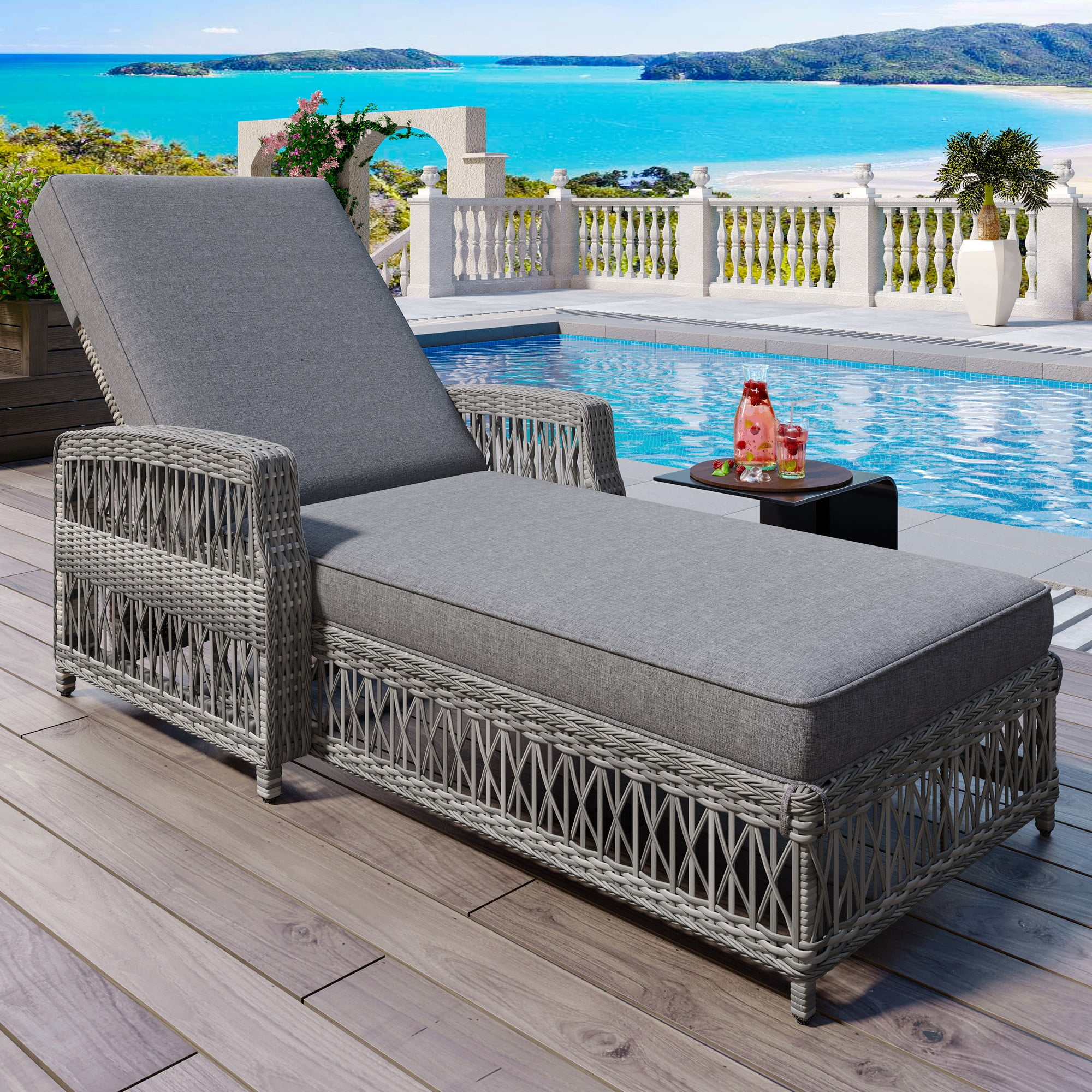 Outdoor Sturdy Frame Long Reclining Chaise, Wicker Lounge with Armrests ...