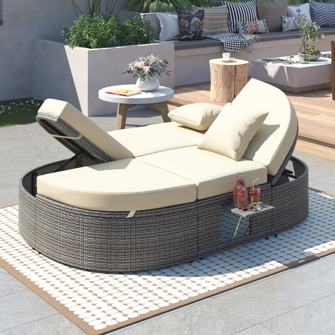 Outdoor Sun Bed, Modern Patio 2-Person Daybed with Cushions, Pillows ...