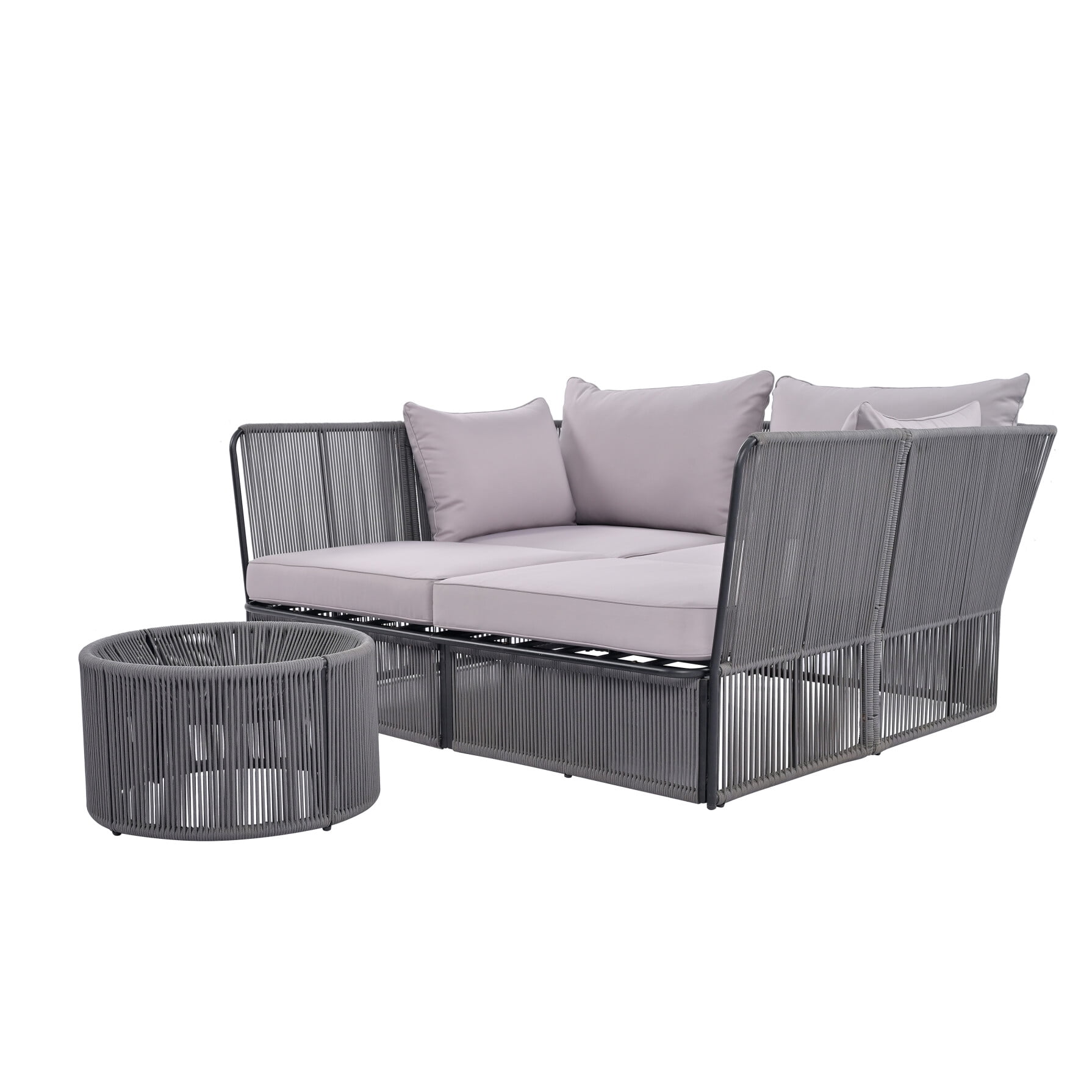 Outdoor Sunbed and Coffee Table Set, Rope Double Chaise Lounger ...